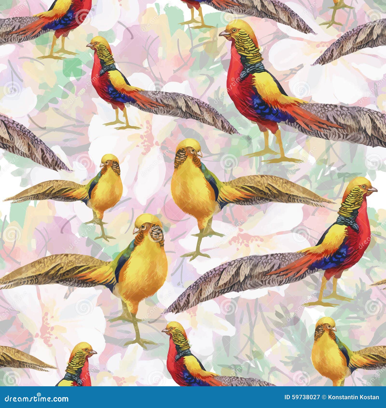 Wild Pheasant Animals Birds in Watercolor Floral Seamless Pattern Stock ...