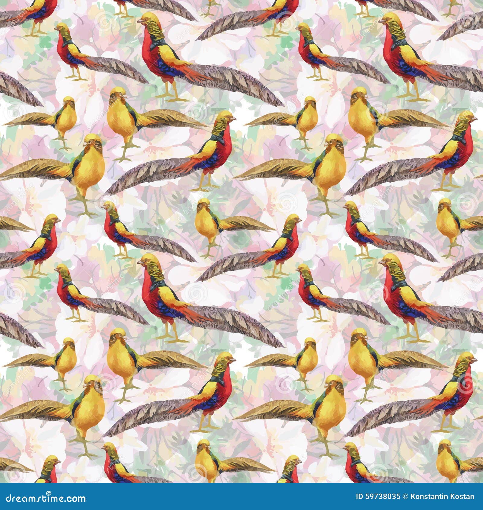 Wild Pheasant Animals Birds in Watercolor Floral Seamless Pattern Stock ...