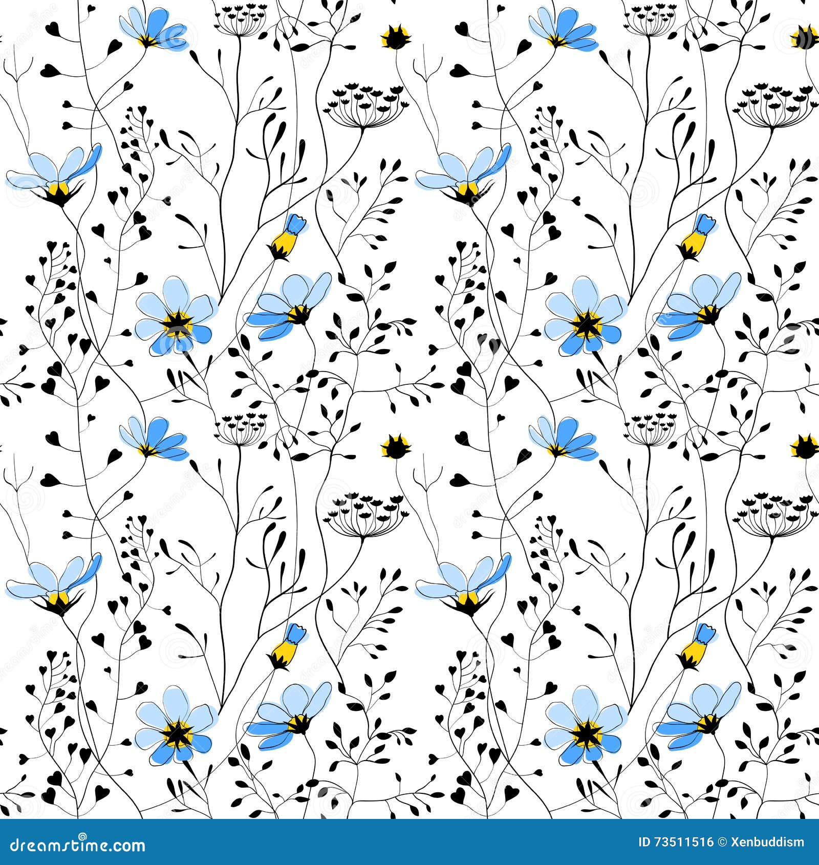 Wild Plants and Blue Flower Seamless Pattern Stock Illustration ...
