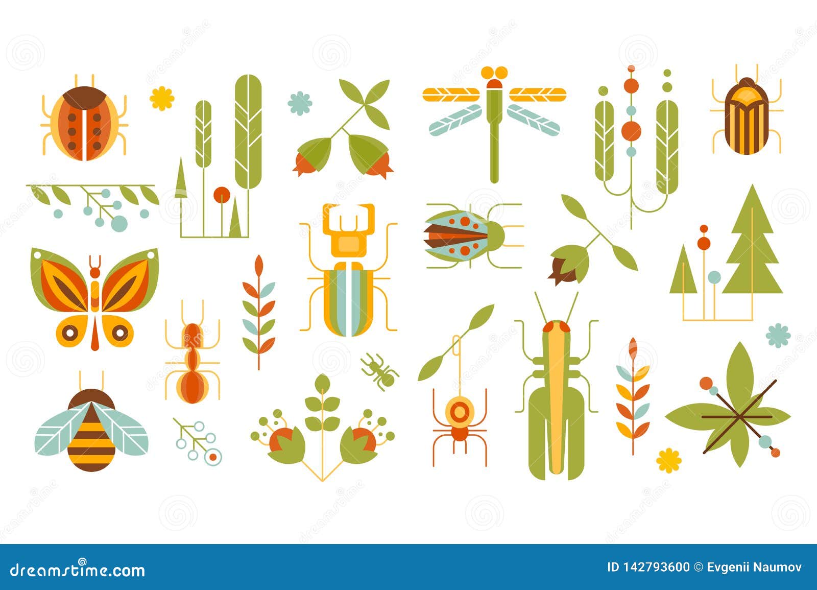 Wild Plants and Insects Set, Forest Elements Concept Vector ...