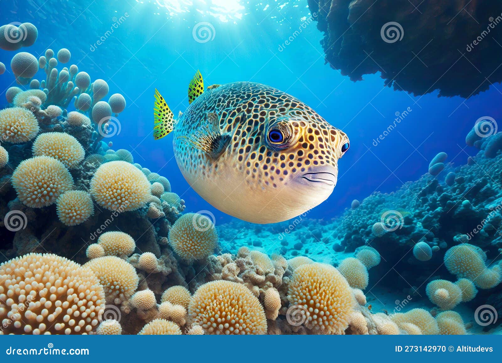 Wild Puffer Fish Swims in Open Sea among White Corals Stock ...