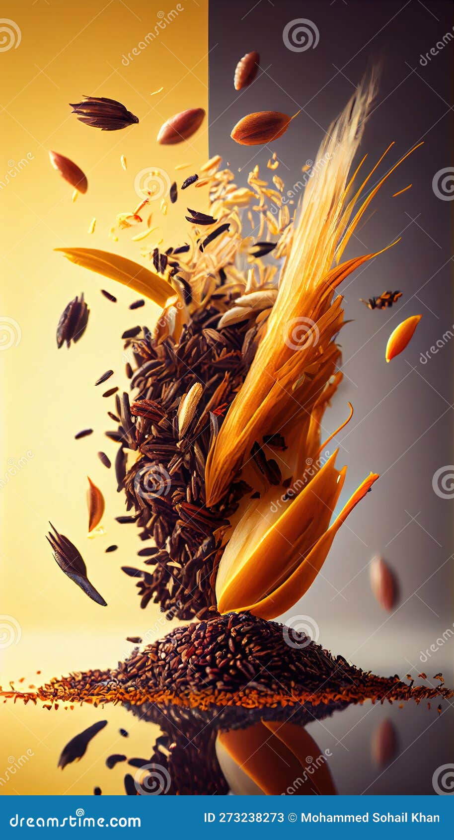 Wild Rice Seeds Creatively Falling-Dripping Flying or Splashing on Dark ...