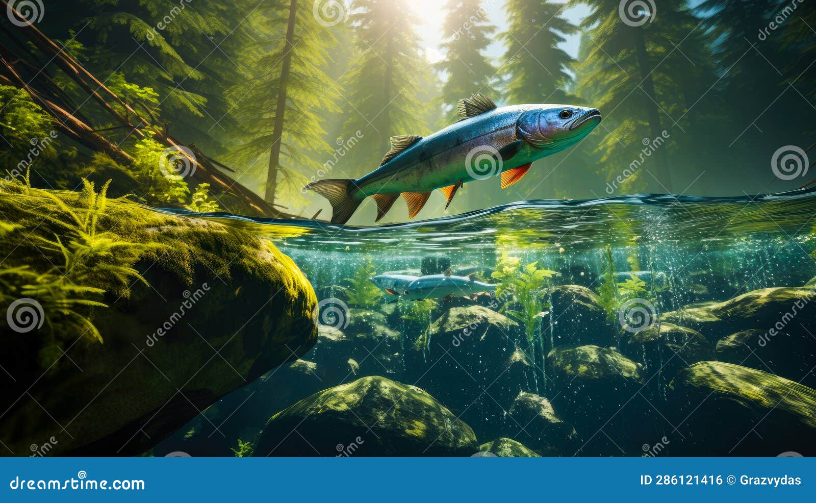 Wild Salmon Fish Jumping Out of River Water Stock Illustration ...