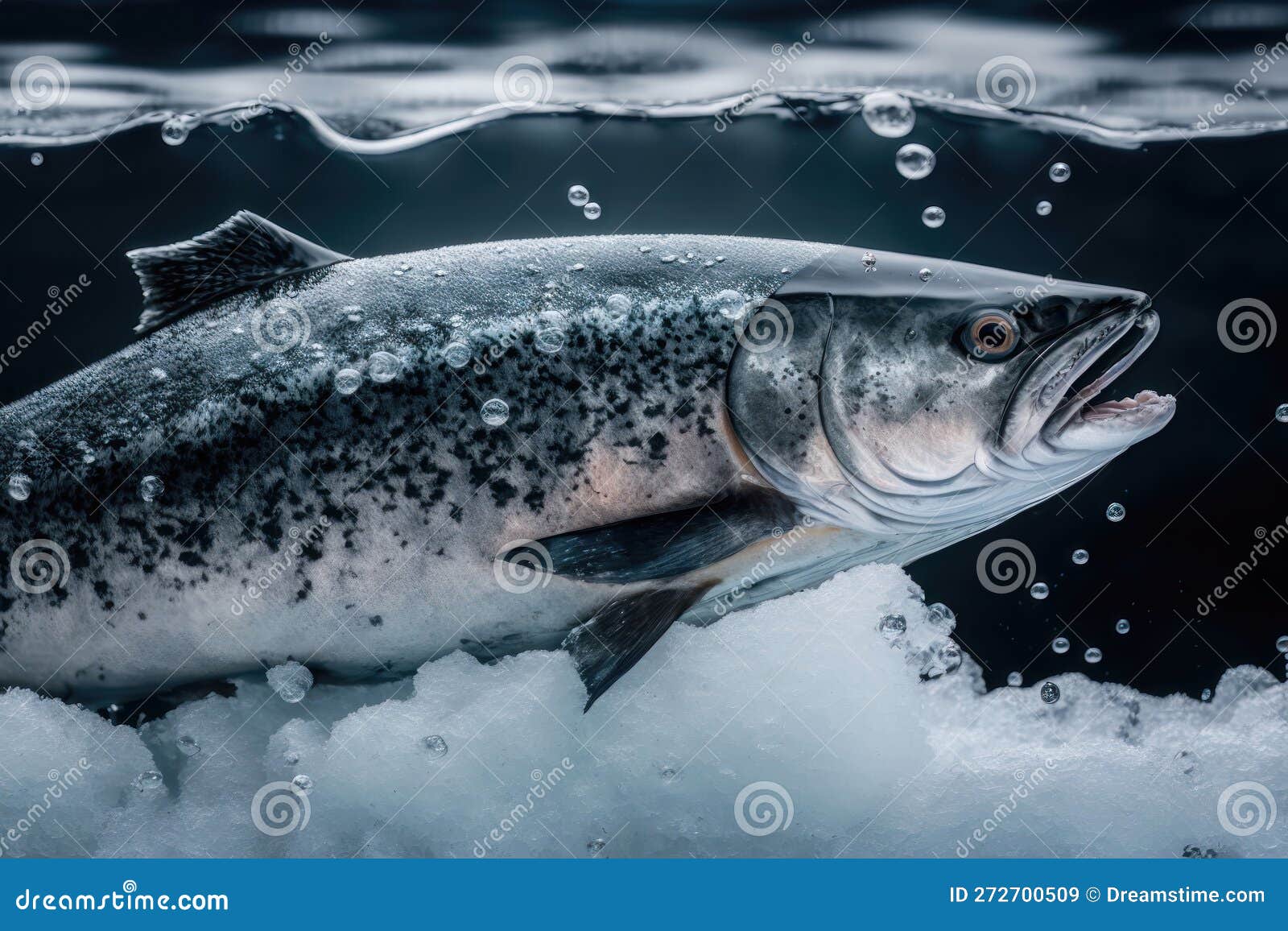 Wild Salmon Fish Jumping From The Water And Swimming Against The ...