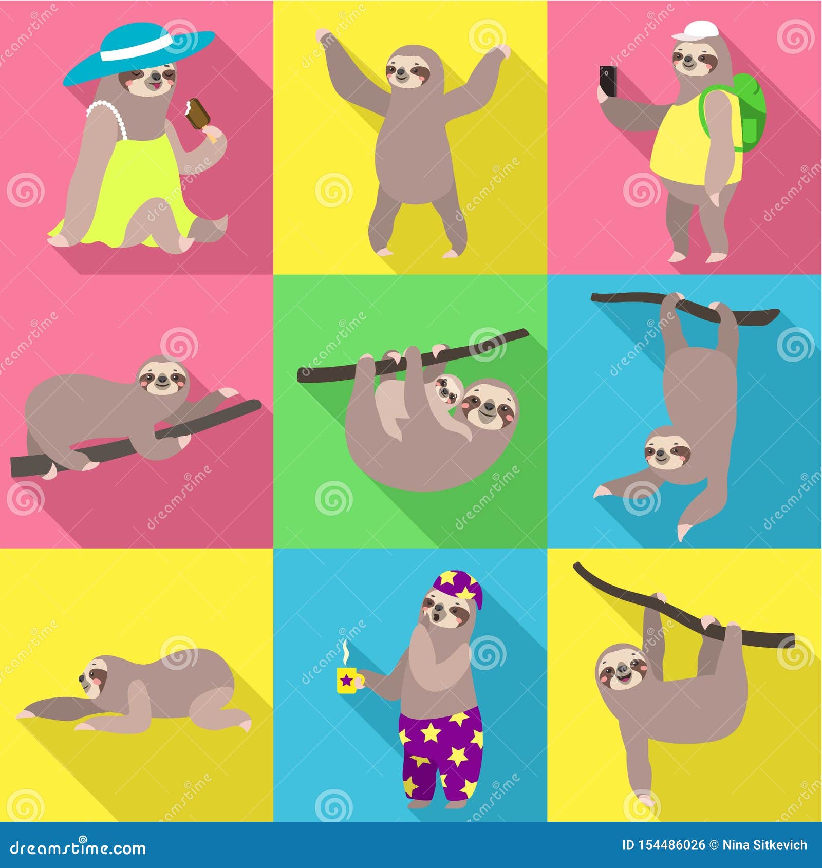 Wild Sloth Icon Set, Flat Style Stock Vector - Illustration of flat ...