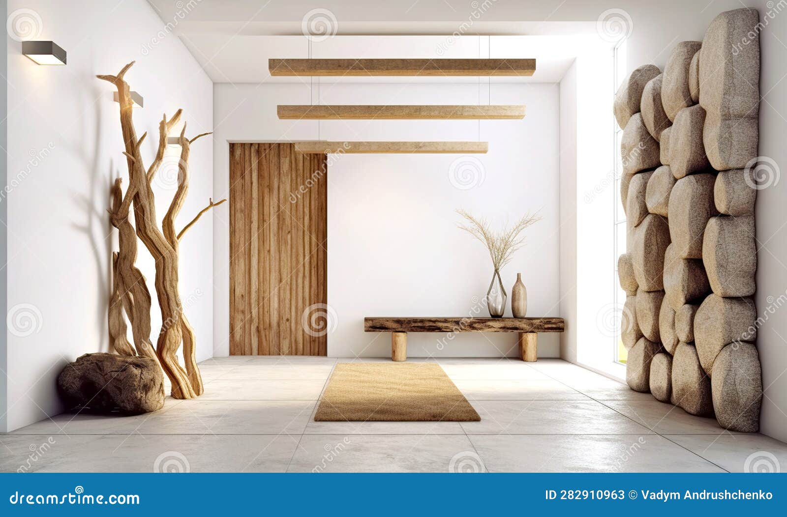 Wild Stone Cladding Wall and Wooden Bench. Decorative Tree Trunks ...