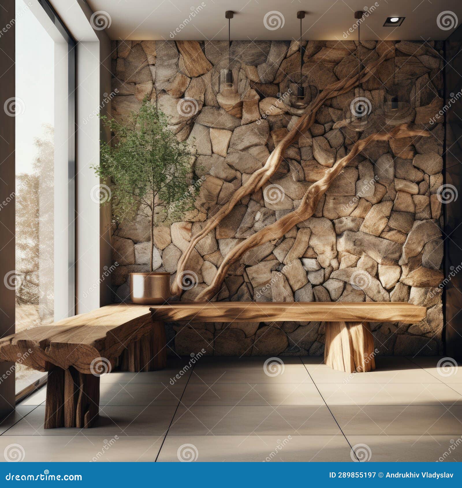 Wild Stone Cladding Wall and Wooden Bench. Decorative Tree Trunks ...