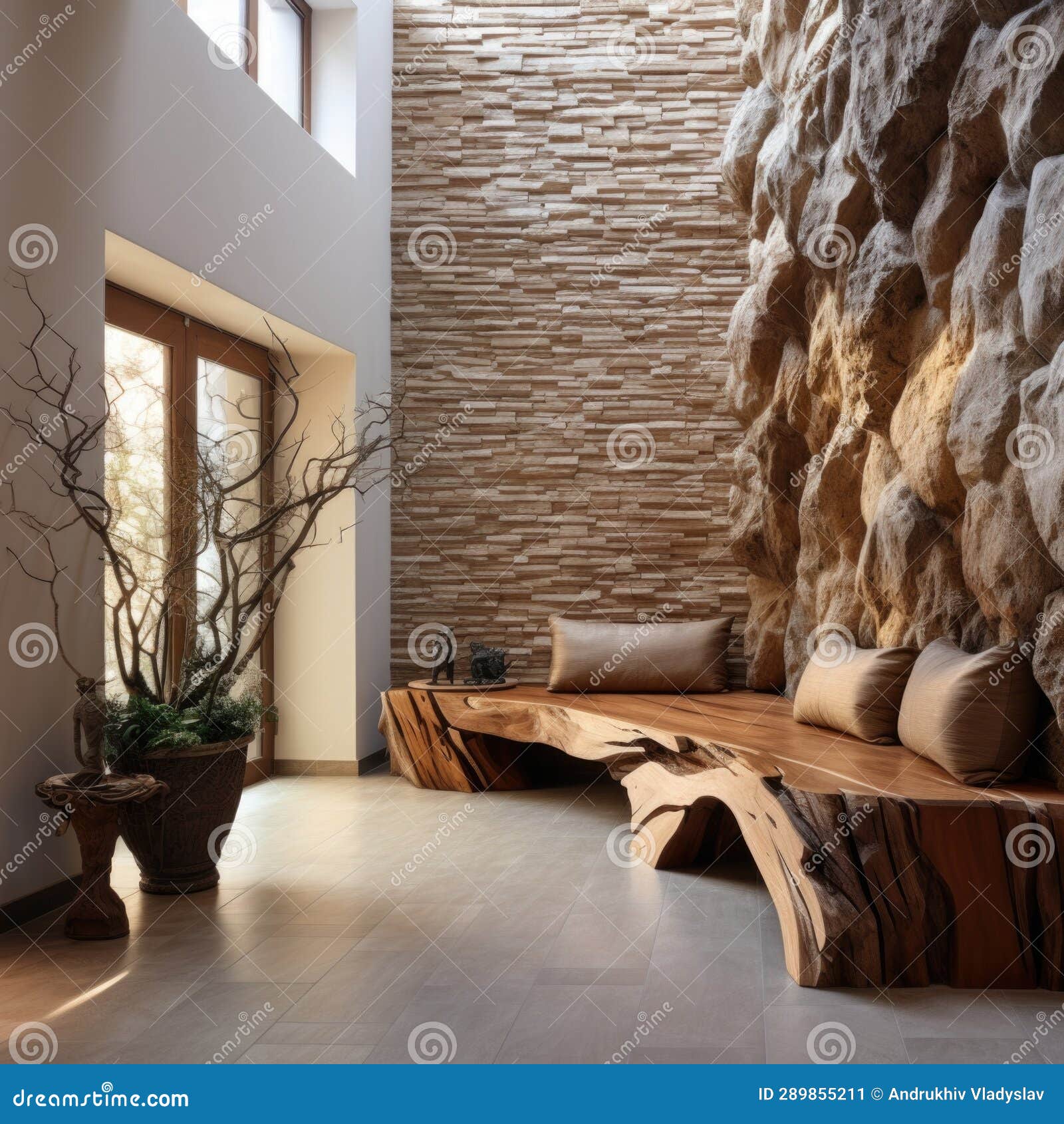 Wild Stone Cladding Wall and Wooden Bench. Decorative Tree Trunks ...