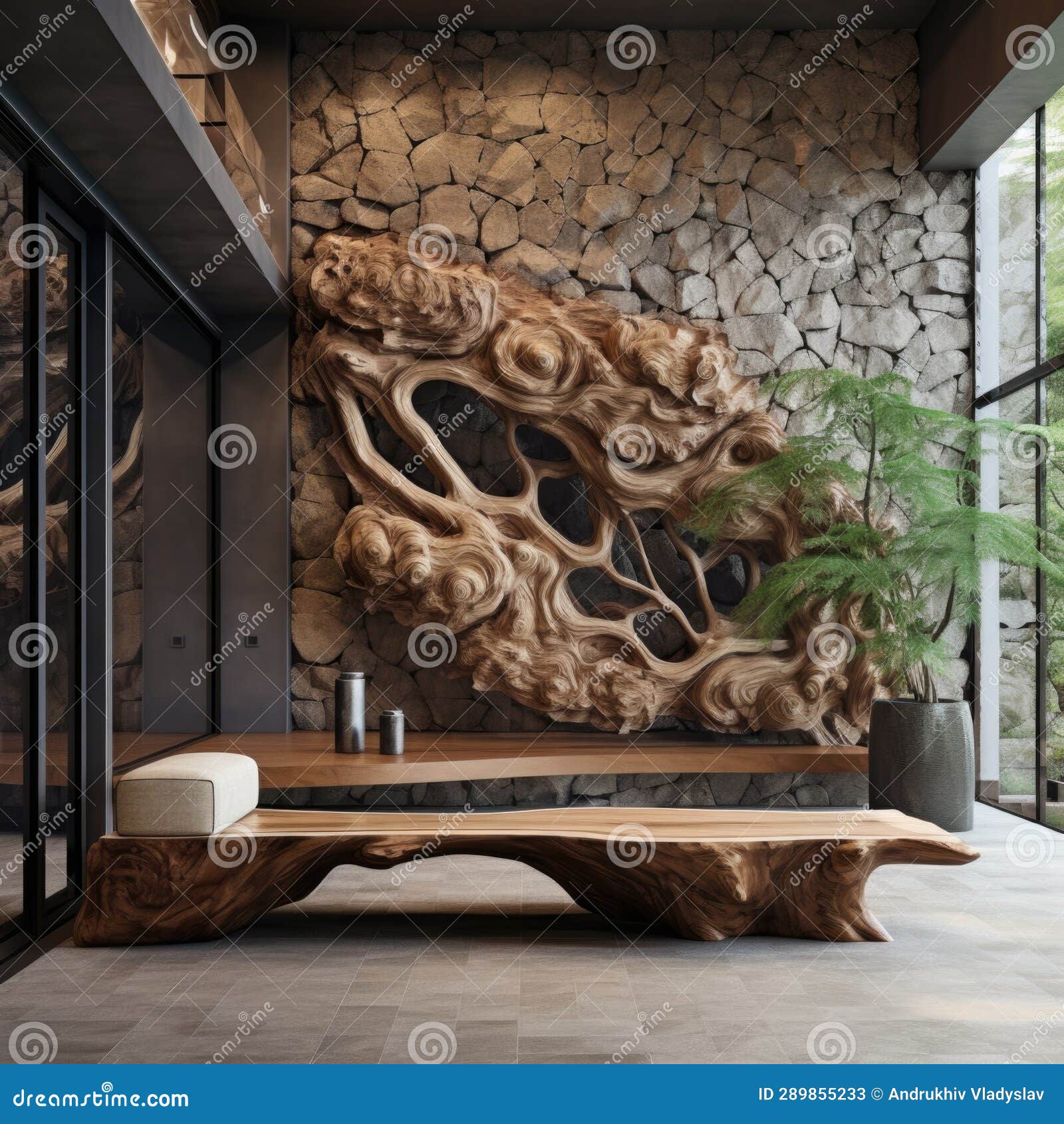 Wild Stone Cladding Wall and Wooden Bench. Decorative Tree Trunks ...