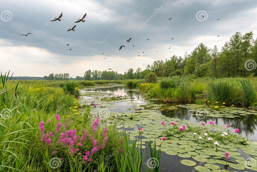 "Wild Swamp in Spring with Fresh Greenery and Reflective Water Stock ...