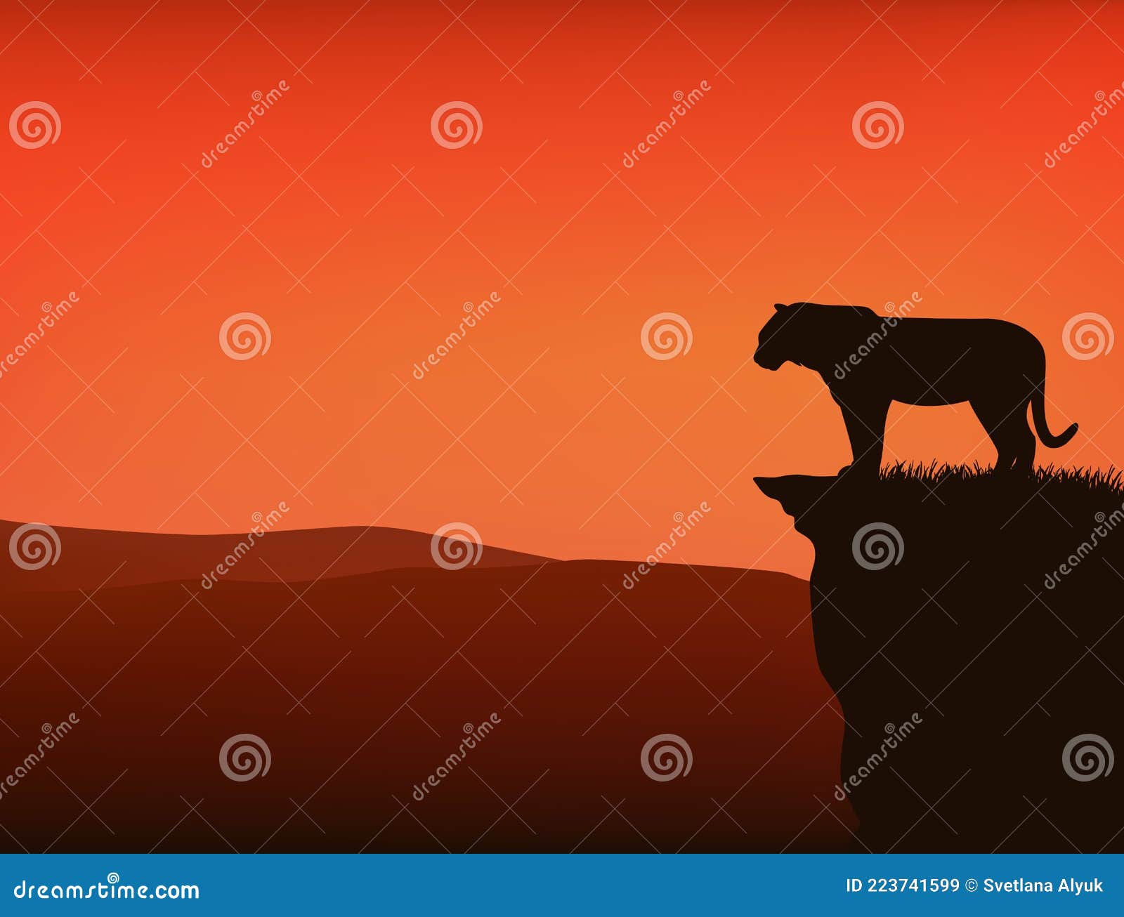 Wild Tiger Standing at Sunset Cliff Vector Silhouette Lanscape Stock ...