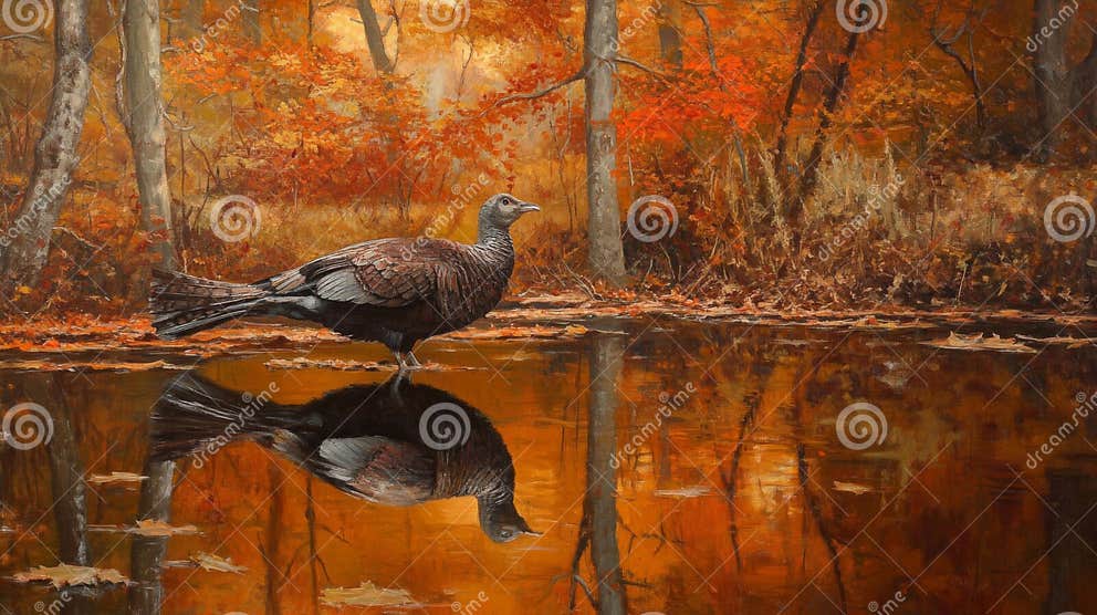 Wild Turkey in Autumn Forest Pond Reflection Stock Illustration ...