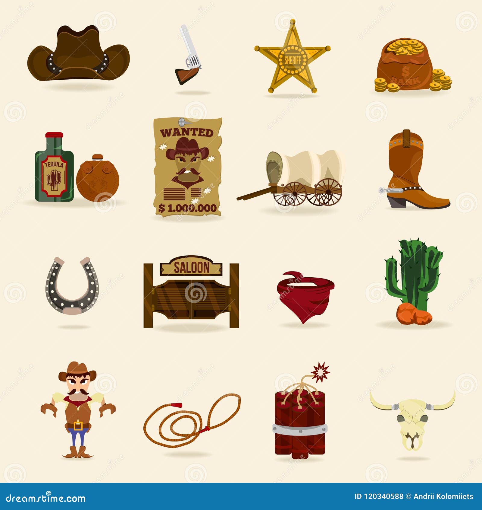 Wild west cowboy objects stock vector. Illustration of bull - 120340588