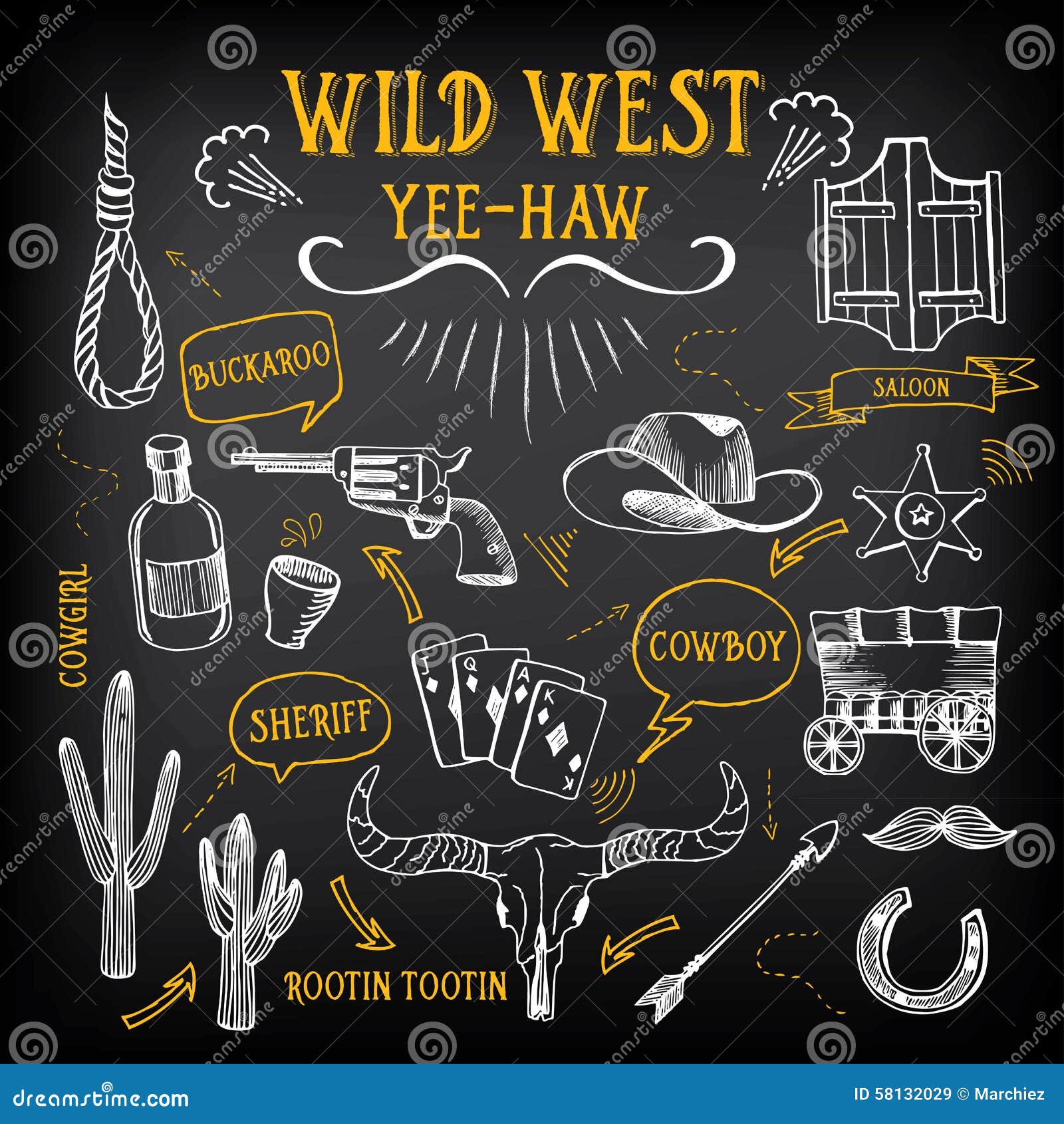 Wild West Design Sketch. Icons Drawing Vintage Elements. Stock Vector ...