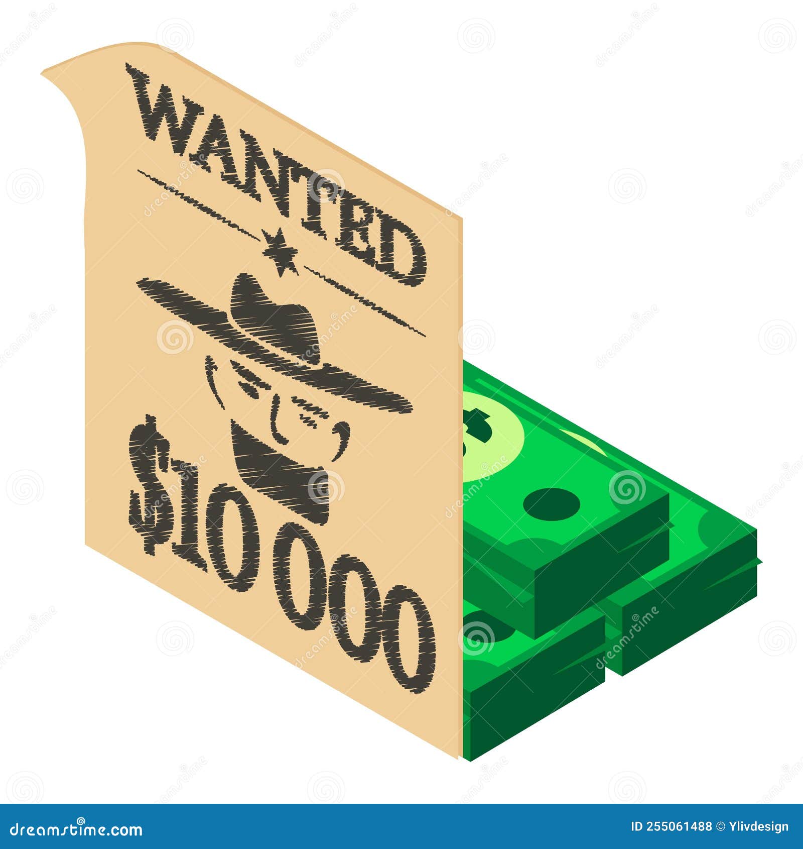 Wild West Icon Isometric Vector. Wanted Poster and Stack of Dollar ...