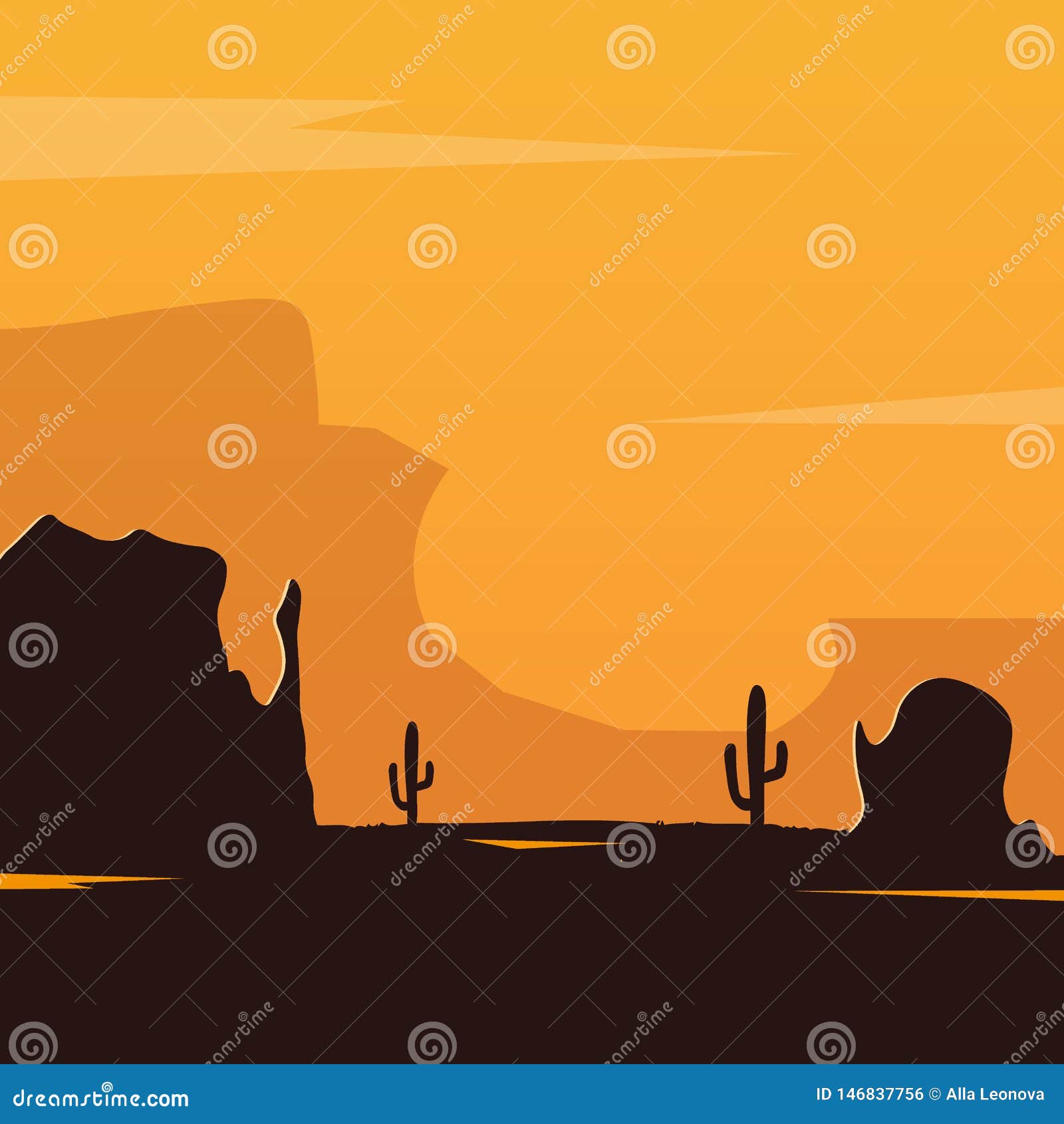 Wild West Landscape with Mountains and Cactus. Sunset at the Texas ...
