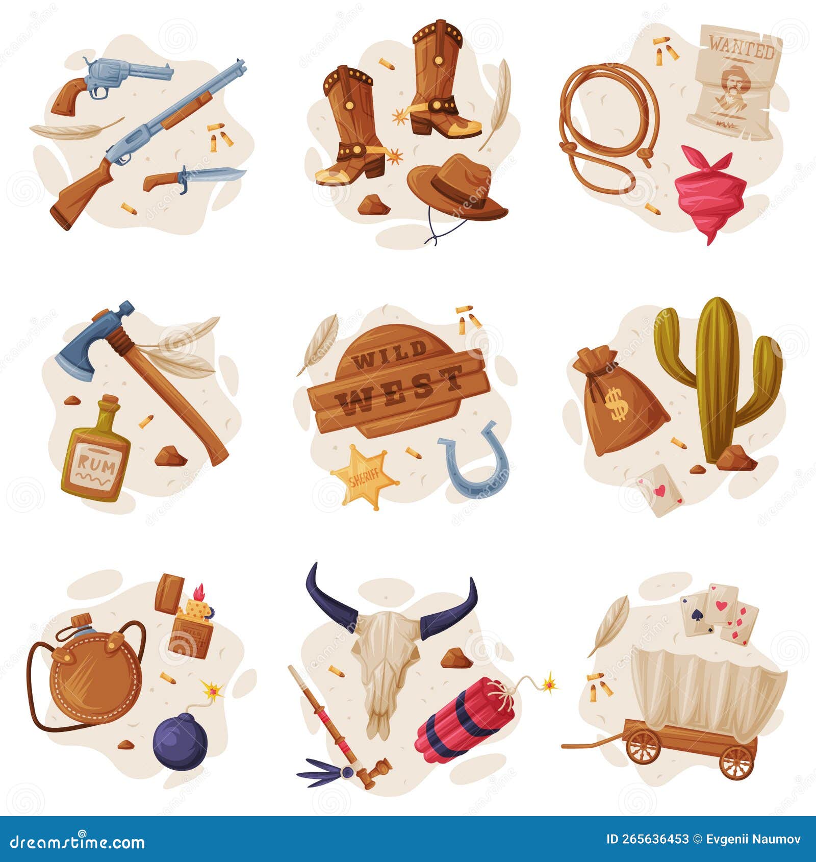 Wild West Objects Composition with Boots, Gun, Hatchet, Lasso, Wagon ...