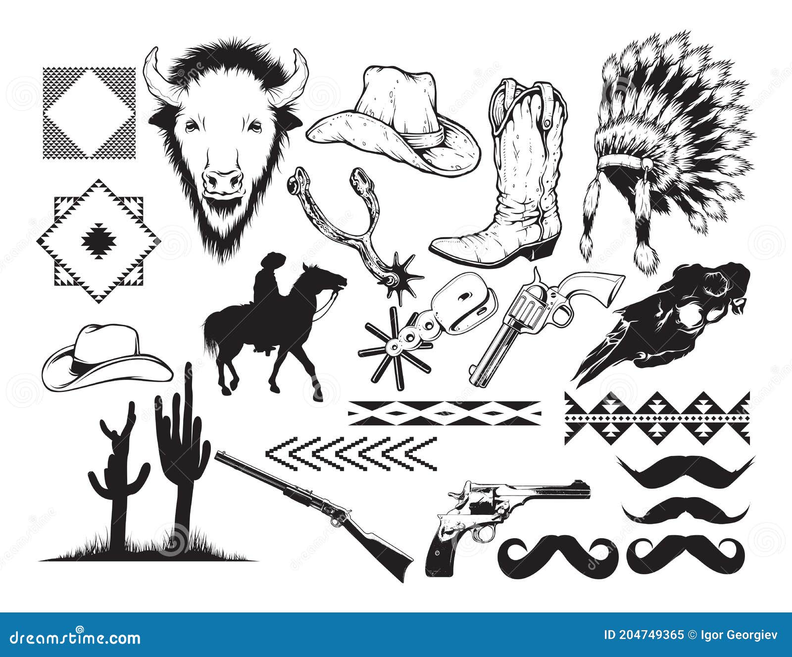 Wild West Tattoo Outline Set. Native American Tattoo. Set of Labels and ...