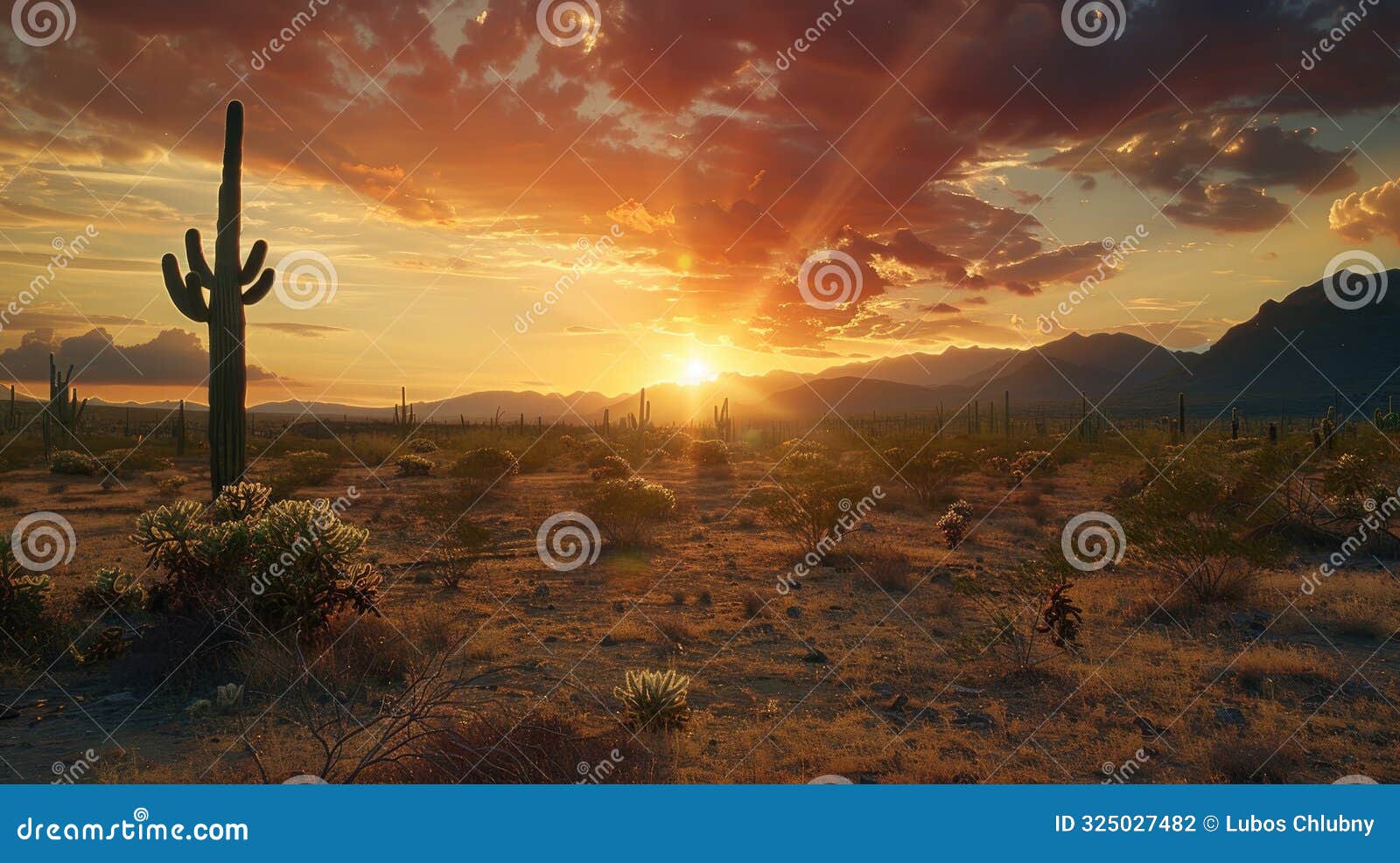 Wild West Texas Desert Landscape with Sunset with Mountains and Cacti ...