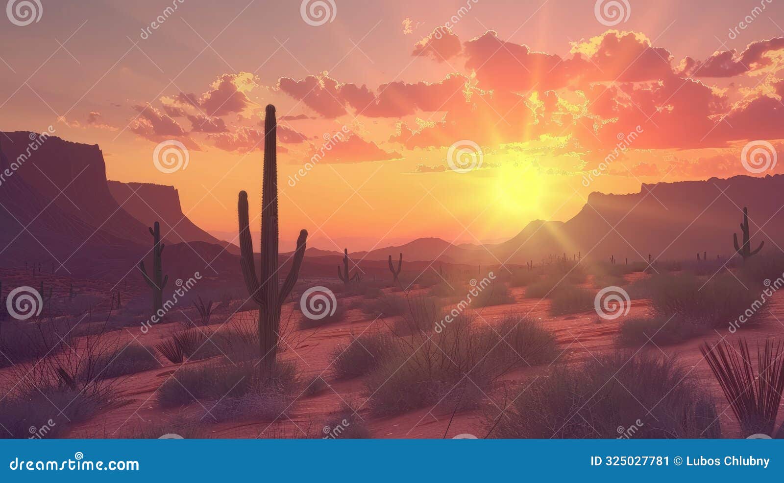 Wild West Texas Desert Landscape with Sunset with Mountains and Cacti ...