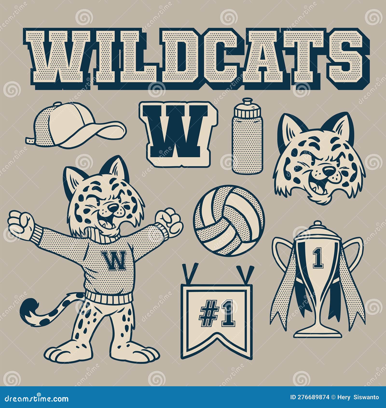 Wildcat Mascot Vintage Hand Drawn Object Set Stock Vector ...