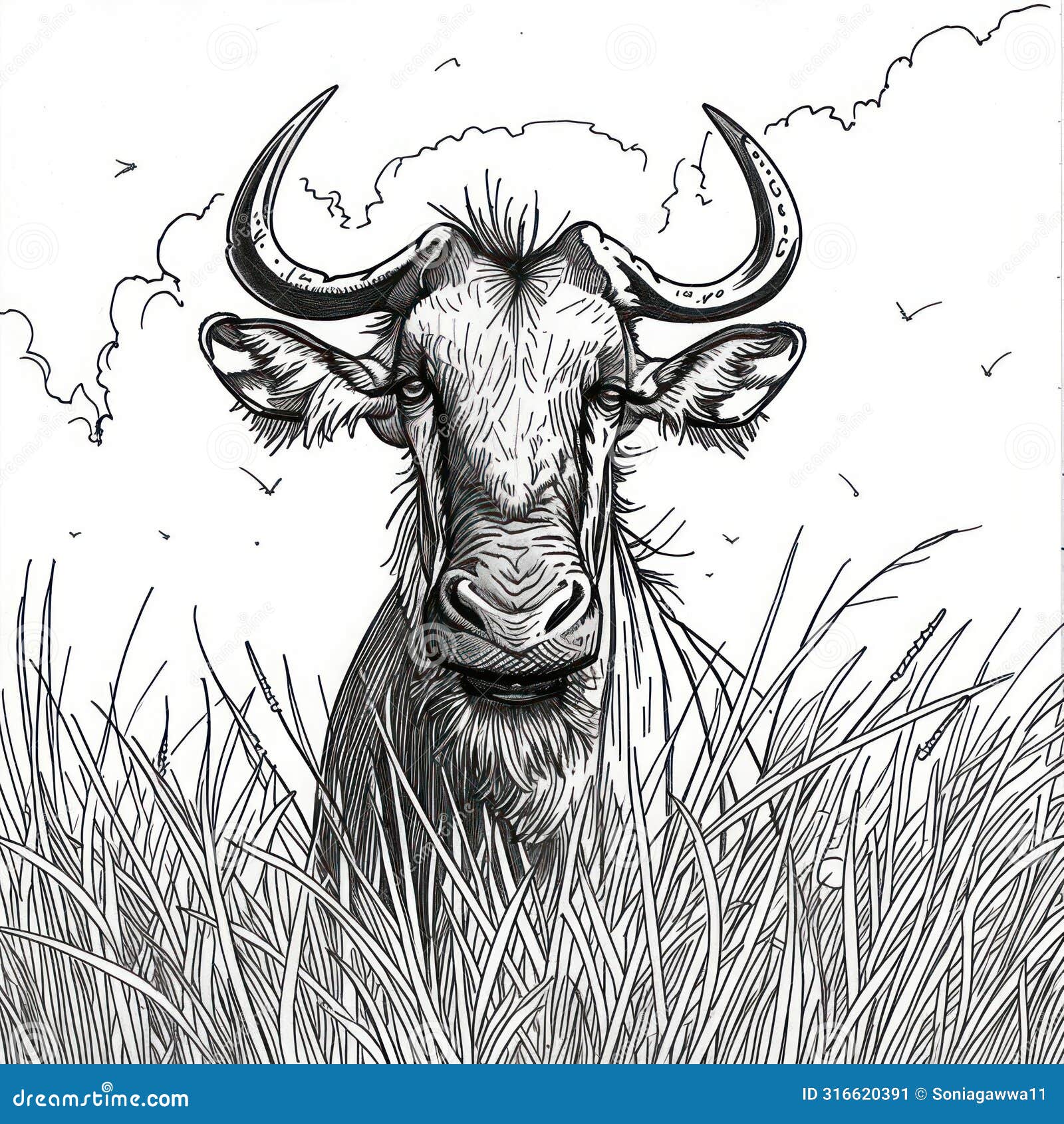 Wildebeest Drawing Coloring Book Page Stock Illustration - Illustration ...