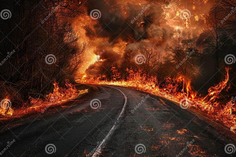 Wildfire Burning Both Sides of a Remote Road at Night Stock Image ...
