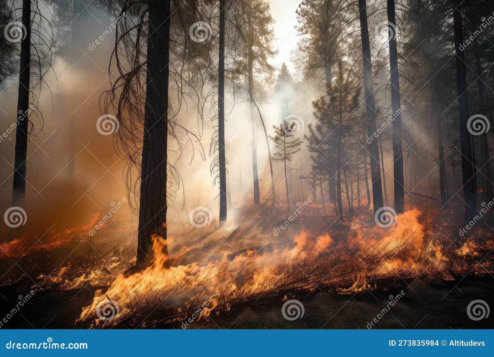 Wildfire Burning through Dense Forest, with Trees Ablaze and Ash ...