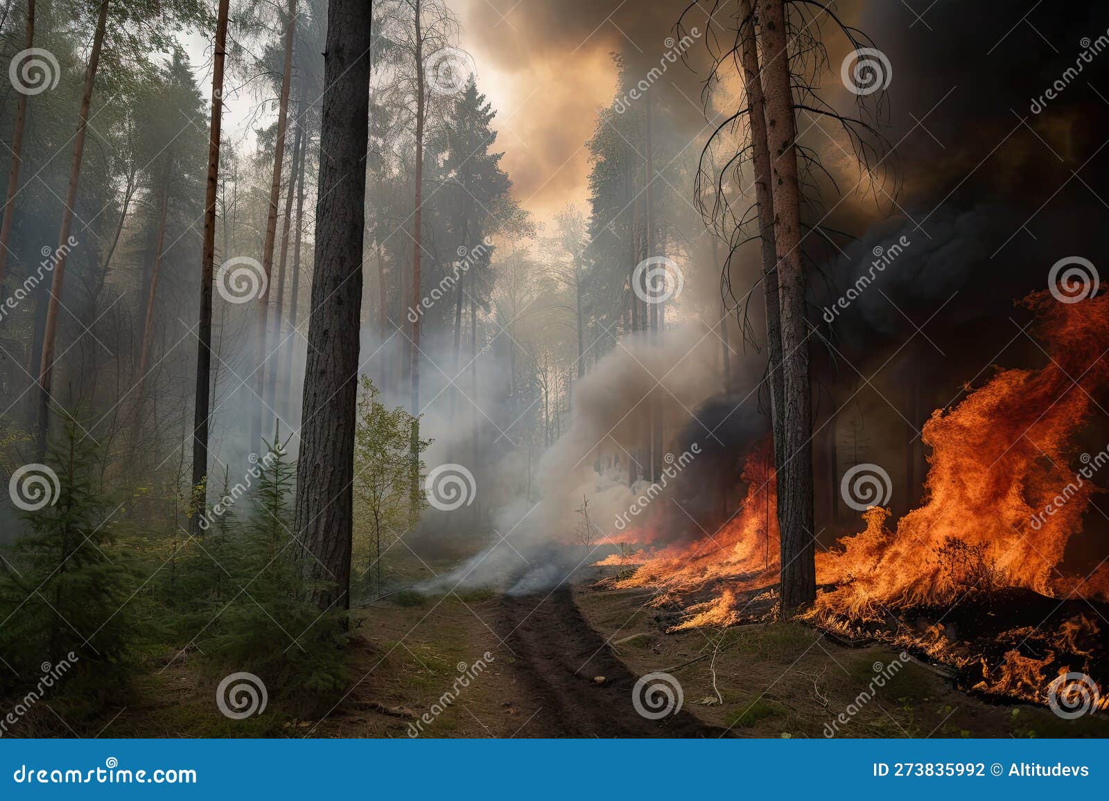 Wildfire Burning through Dense Forest, with Trees Ablaze and Ash ...