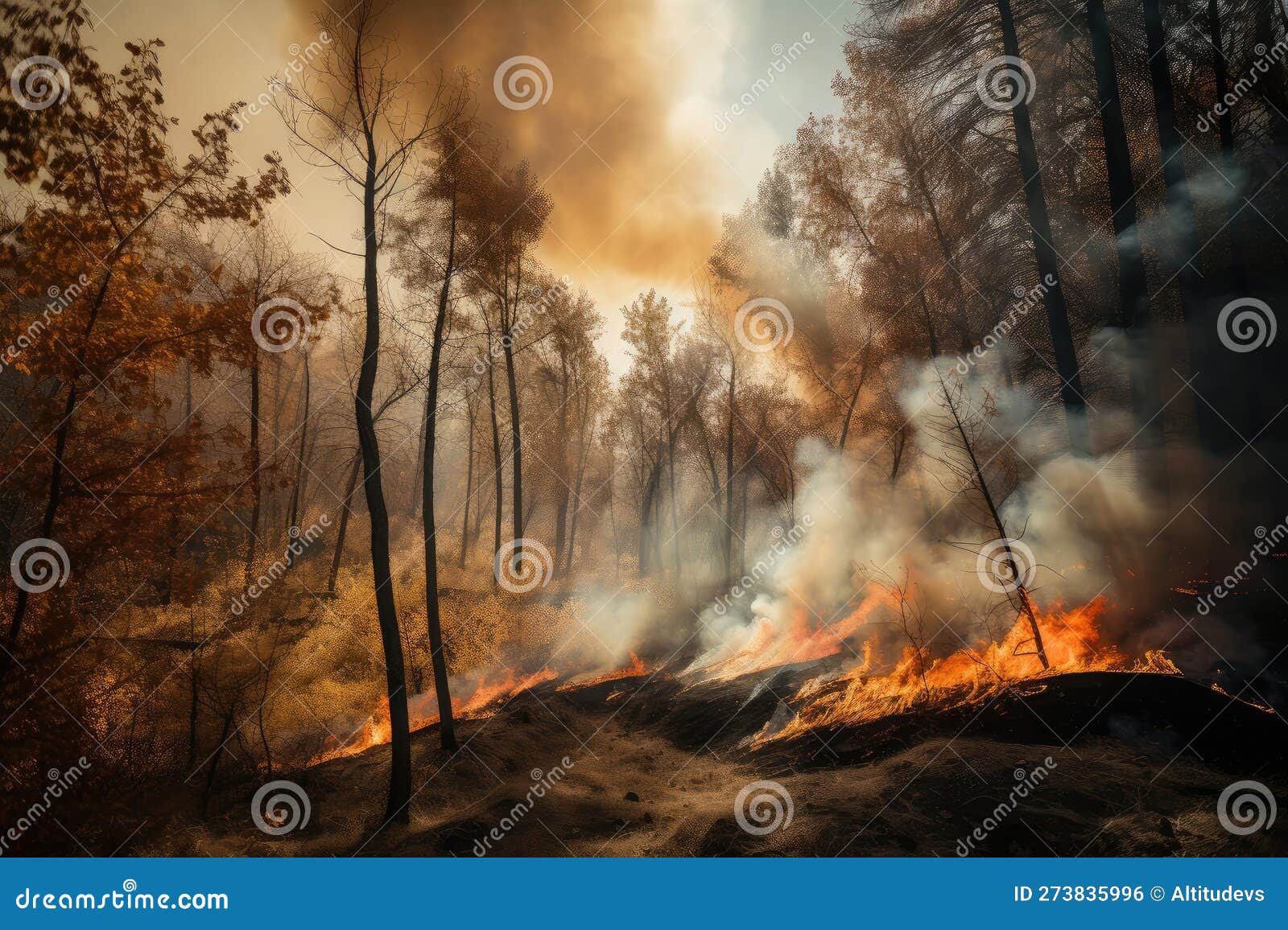 Wildfire Burning through Dense Forest, with Trees Ablaze and Ash ...