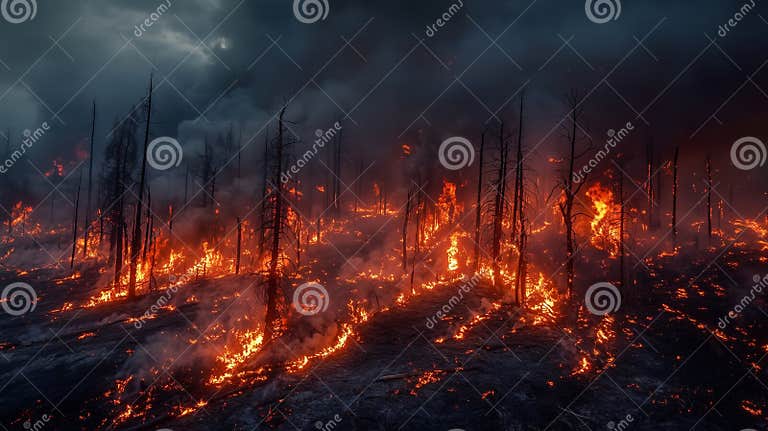 Wildfire Burning through Forest at Night Creating a Dramatic Scene ...