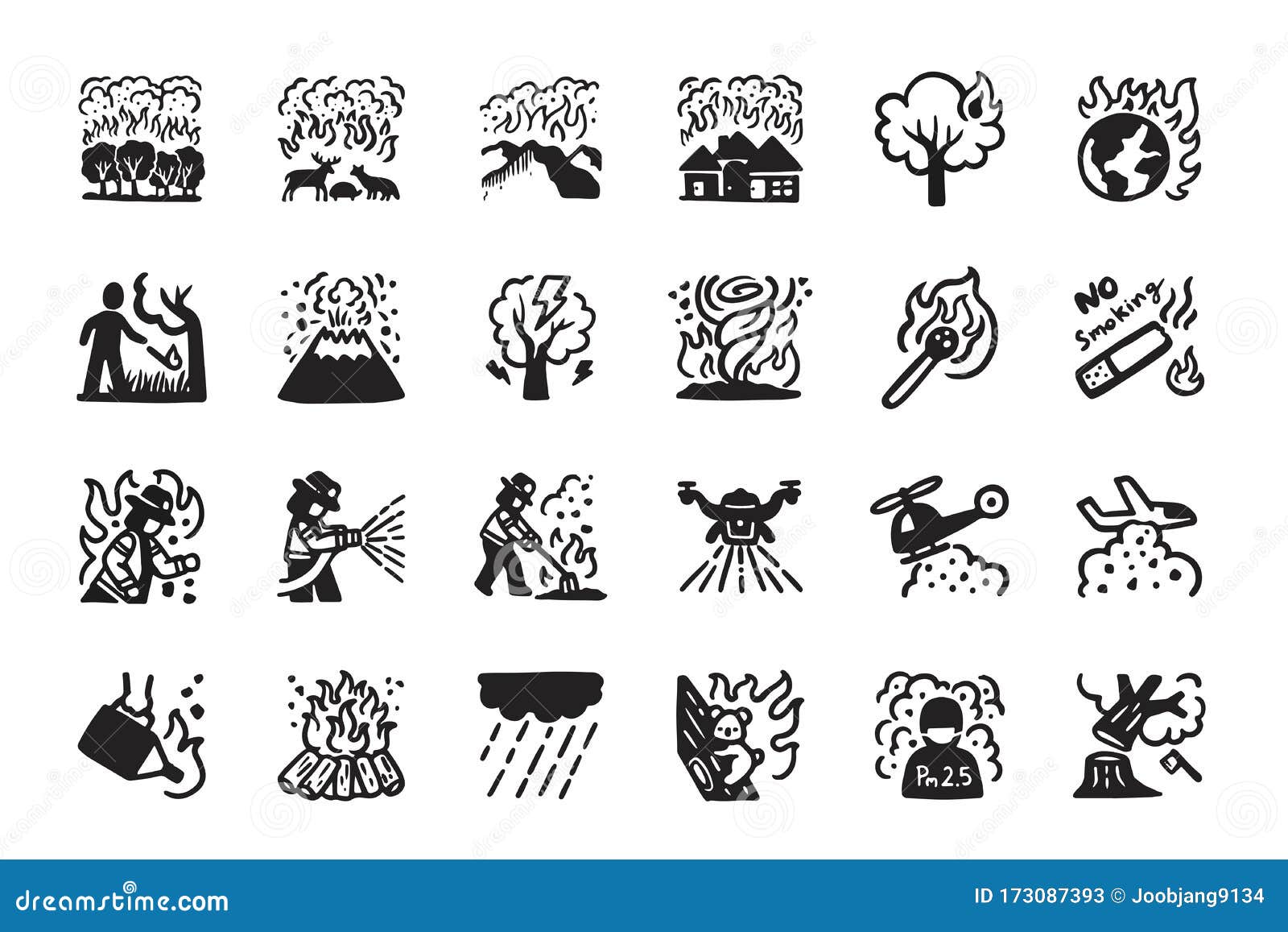 Wildfire,Forest Fire Hand Drawn Icon Set Stock Vector - Illustration of ...