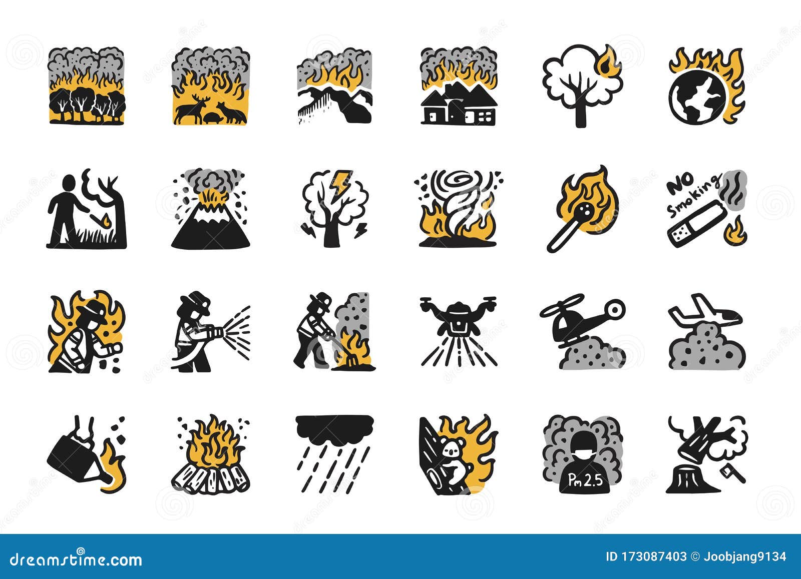Wildfire,Forest Fire Hand Drawn Icon Set Stock Vector - Illustration of ...