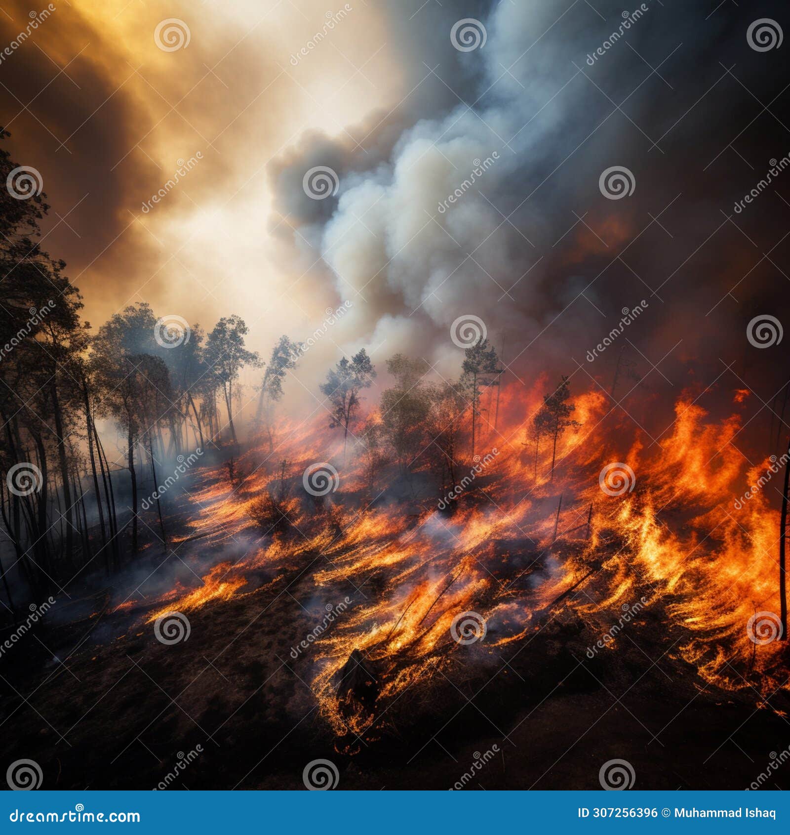 Wildfire Intensity Forest Fire with Towering Flames and Thick Smoke ...