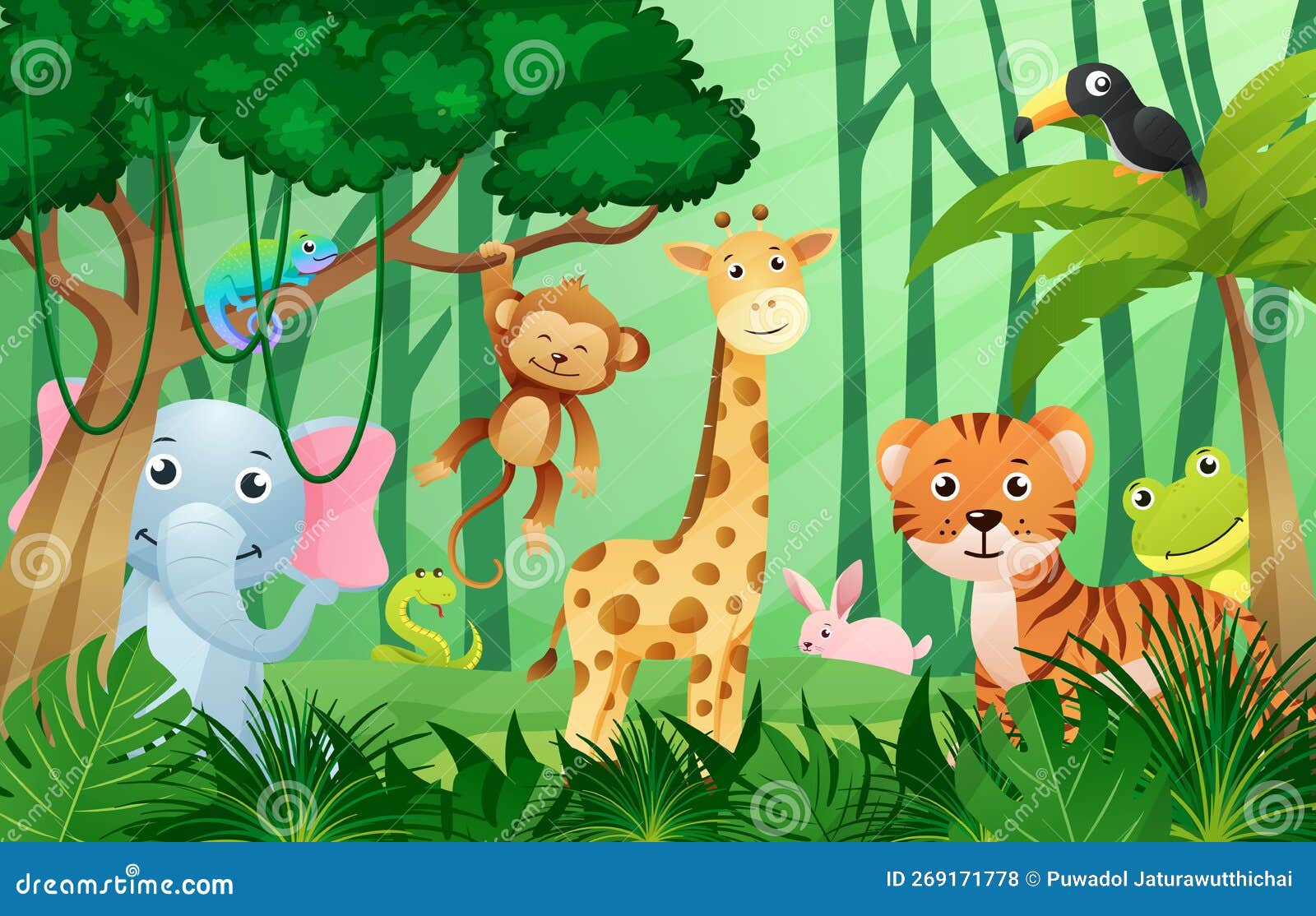 Wildlife Animals in Jungle Scene . Kids Style Stock Vector ...
