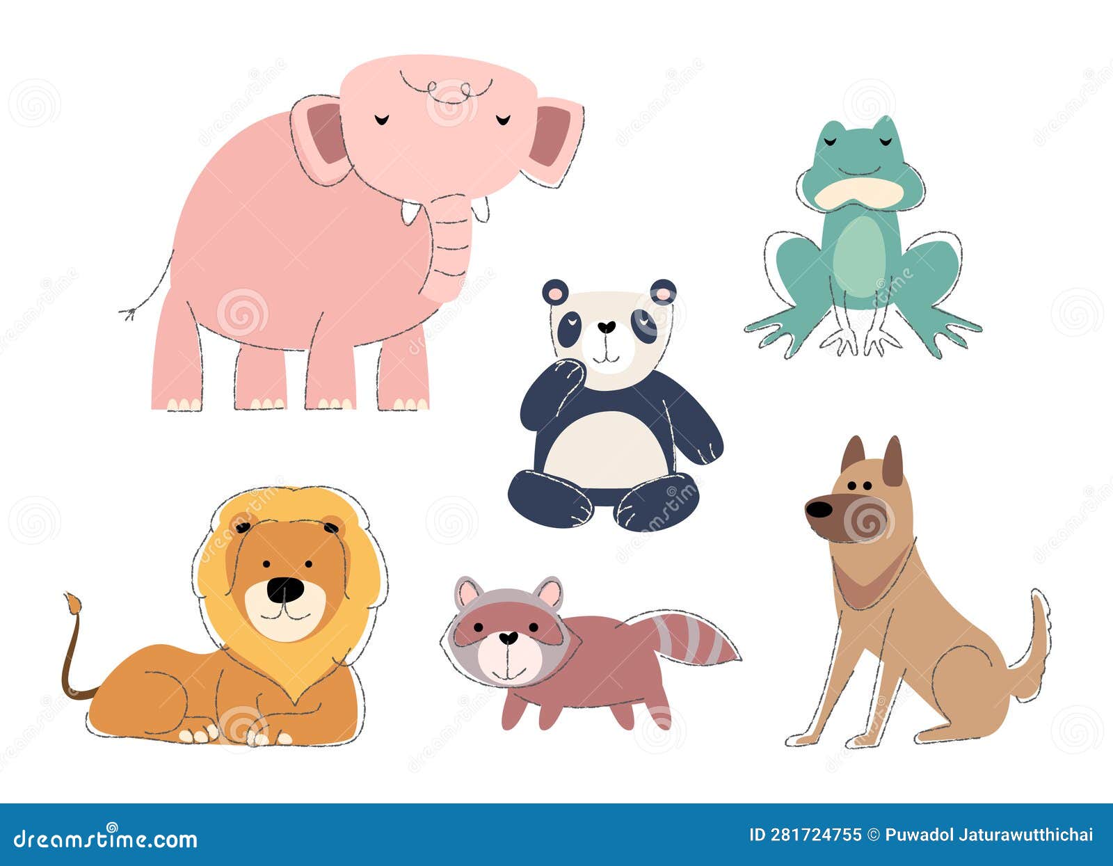 Wildlife Animals Set 1 . Flat Shape and Pencil Line Drawing Design ...