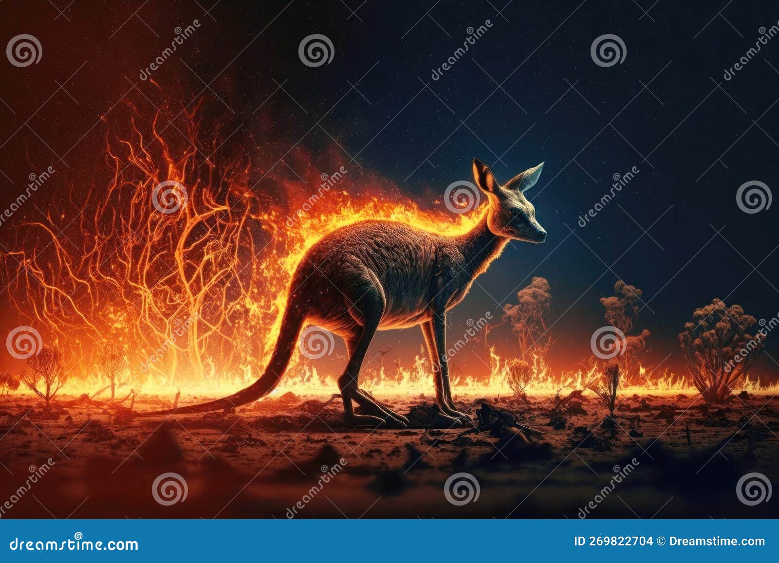 Wildlife In Peril. Kangaroo In Australian Forest Fire. Generative Ai ...