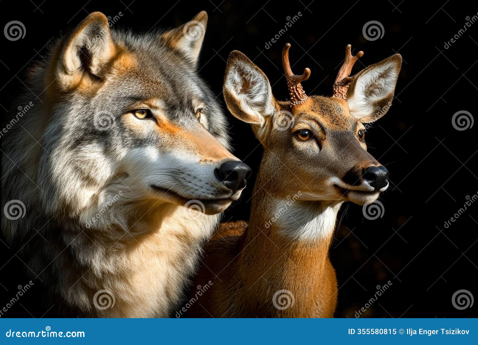 Wildlife Portrait, Wolf and Deer a Study in Contrast and Harmony Under ...
