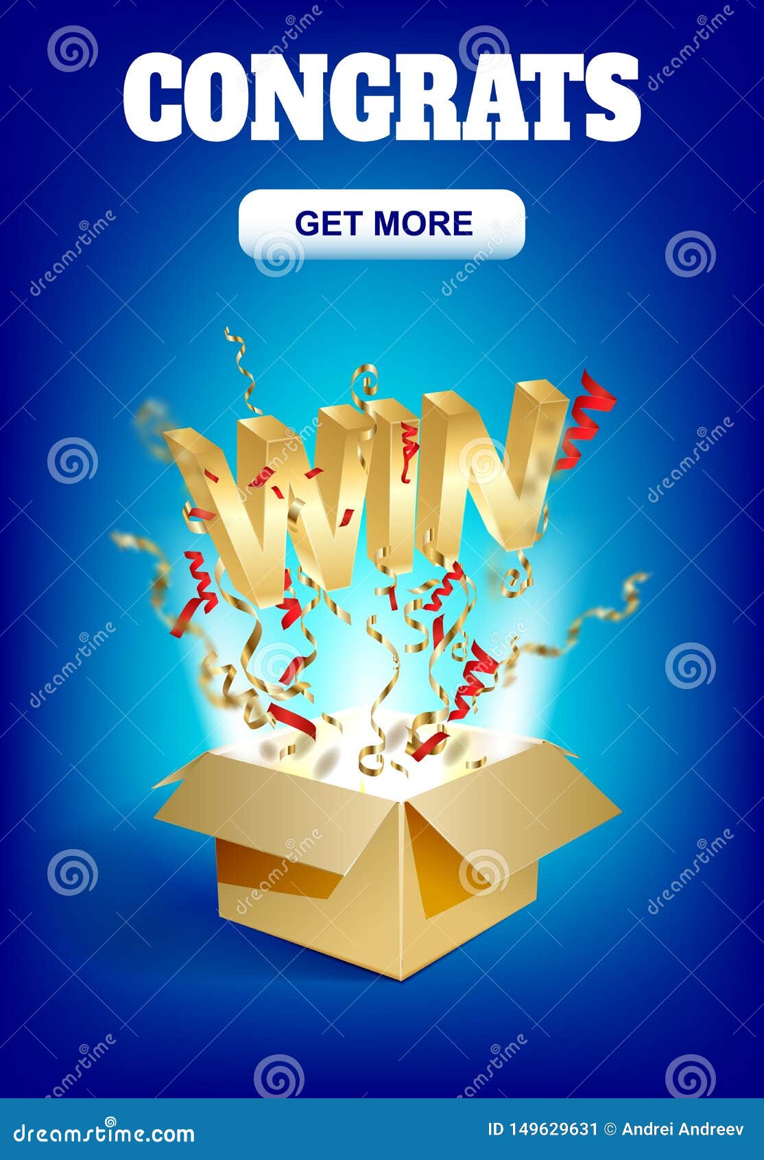 WIN Gold Text. Open Box with Confetti Explosion Inside and Golden Win ...