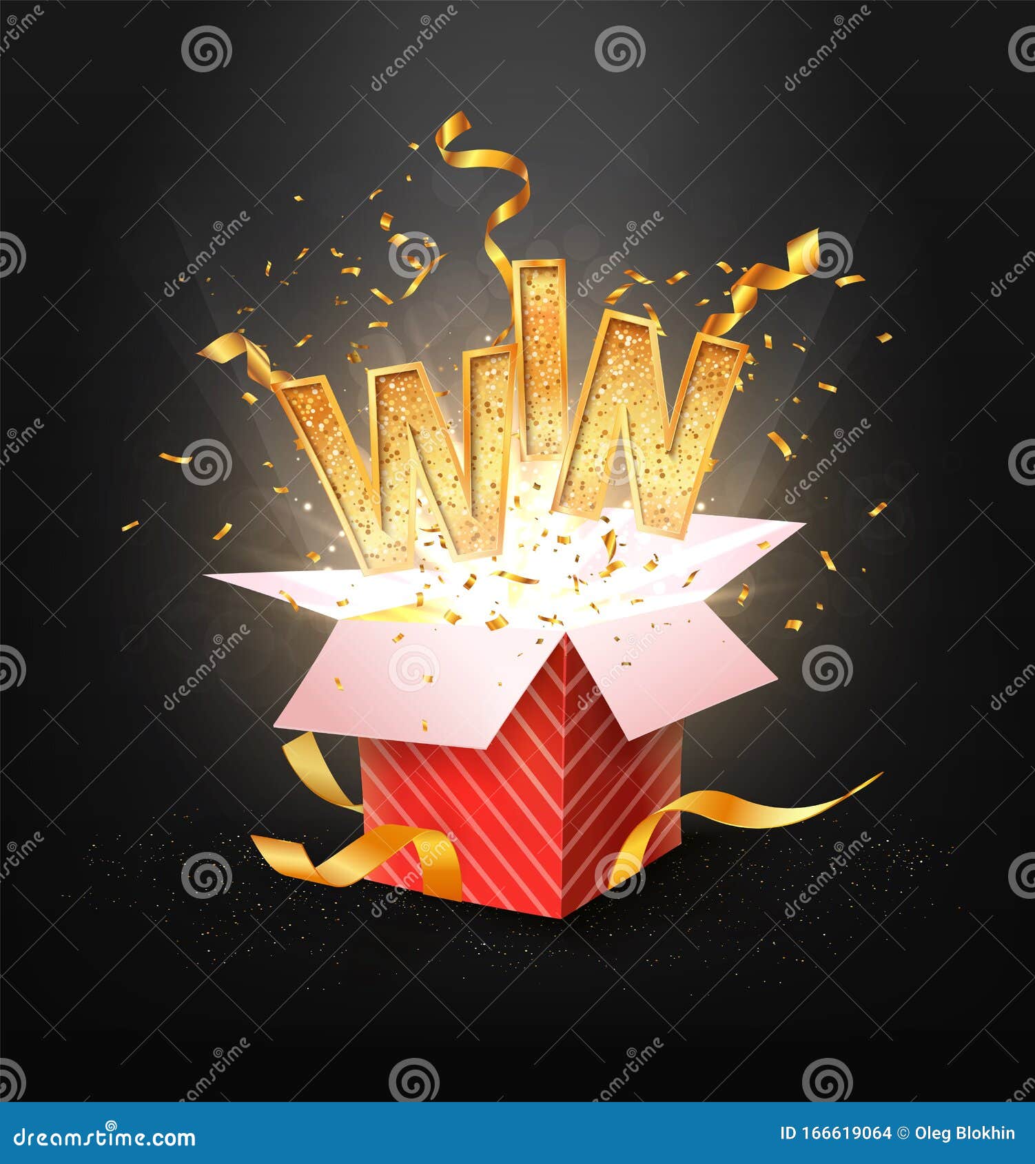 WIN Gold Text. Open Textured Red Box with Confetti Explosion Inside and ...
