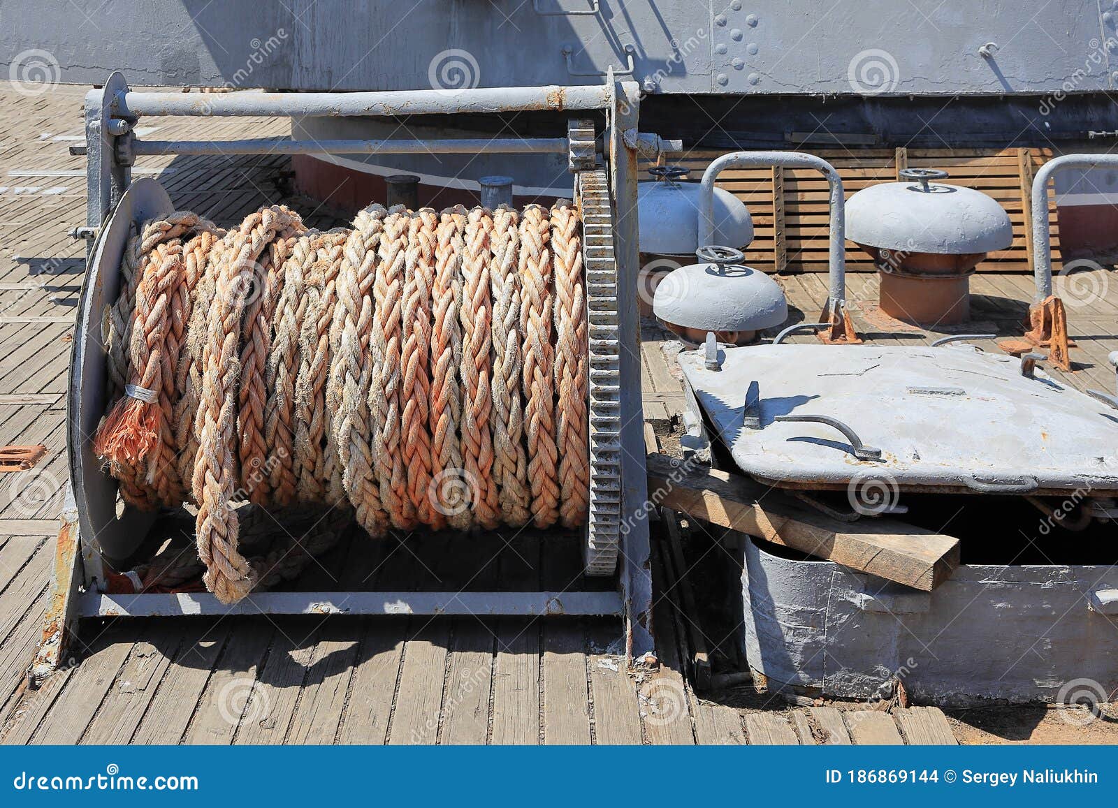 Winch with Rope on an Old Ship Stock Photo - Image of elevate, increase ...