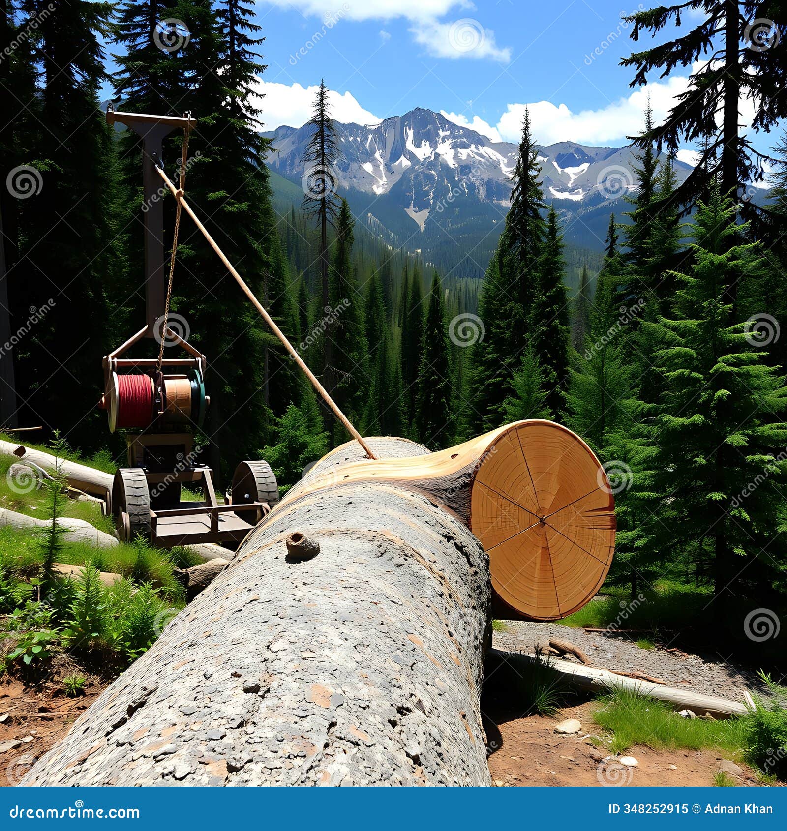 A Winch System Pulling a Large Wooden Log Out of a Forest with ...