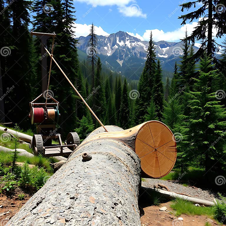 A Winch System Pulling a Large Wooden Log Out of a Forest with ...