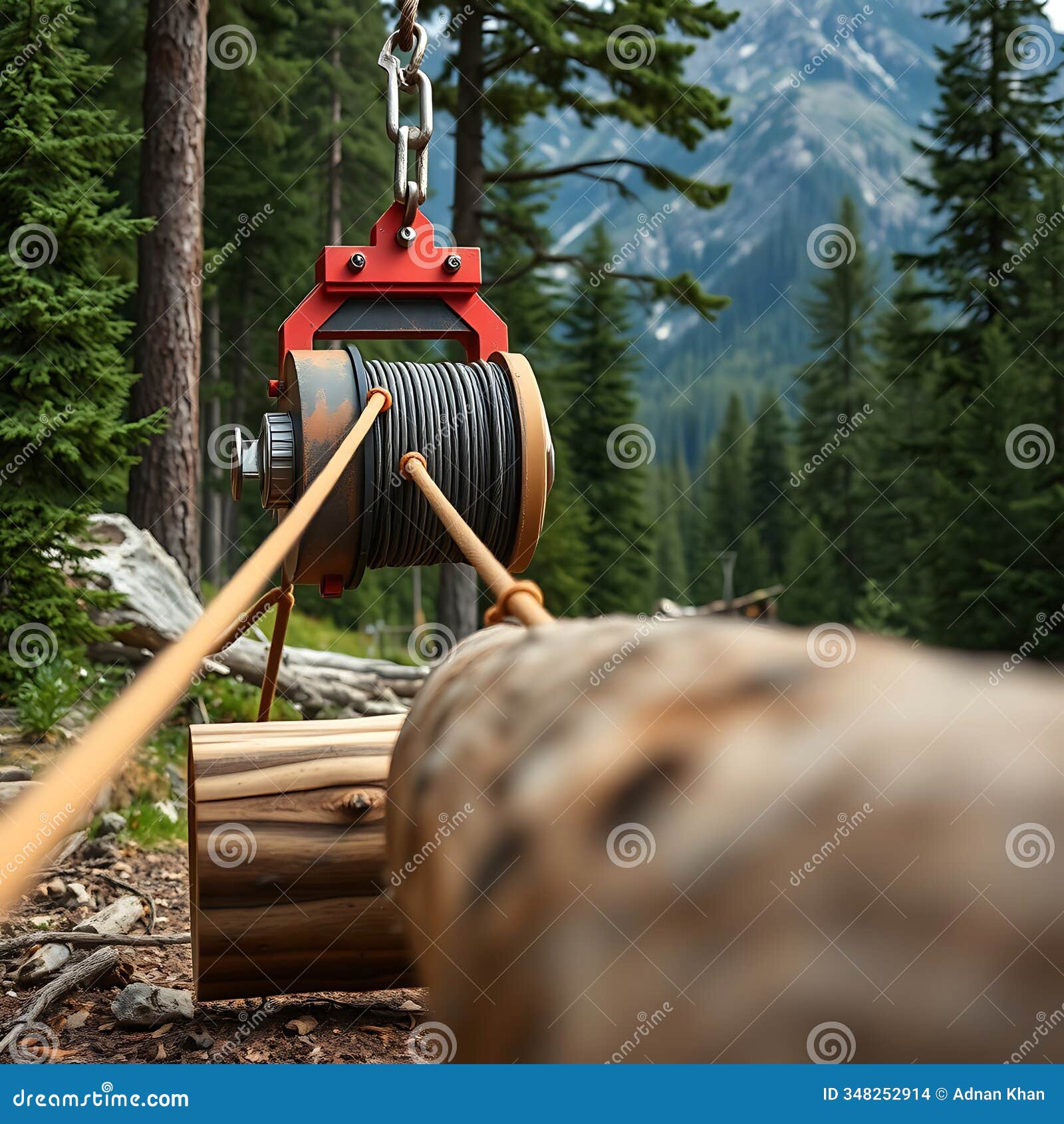 A Winch System Pulling a Large Wooden Log Out of a Forest with ...