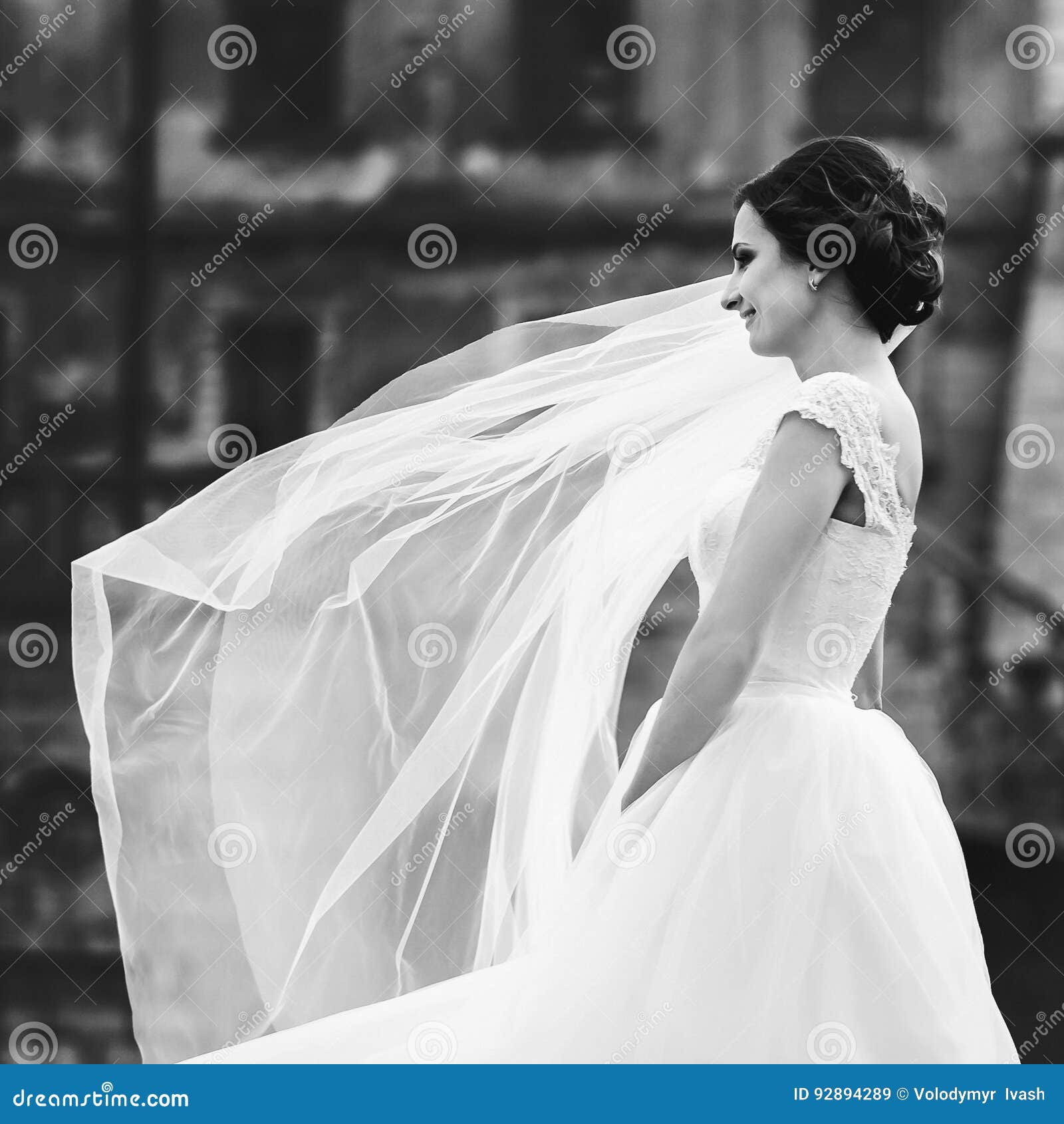 Wind Blows Bride`s Veil while she Stands Thoughtful Behind an Ol Stock ...