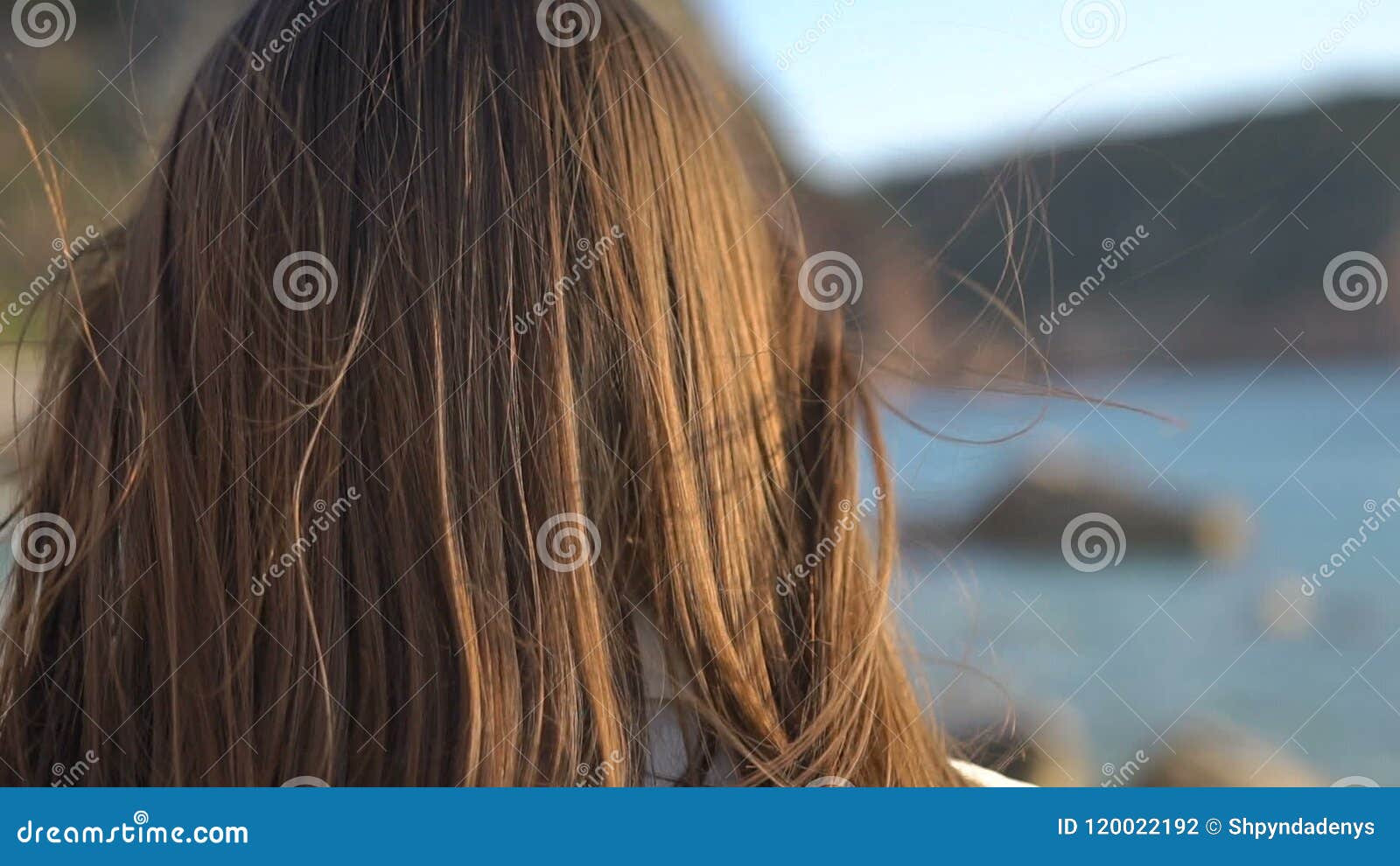 Wind Blows Long Dark Hair Beautiful Young Women At Sunset Stock