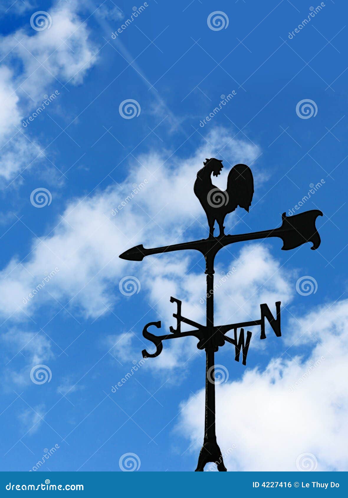 Wind Direction Pointer Sign Against Cloudy Sky. Directions North, South ...