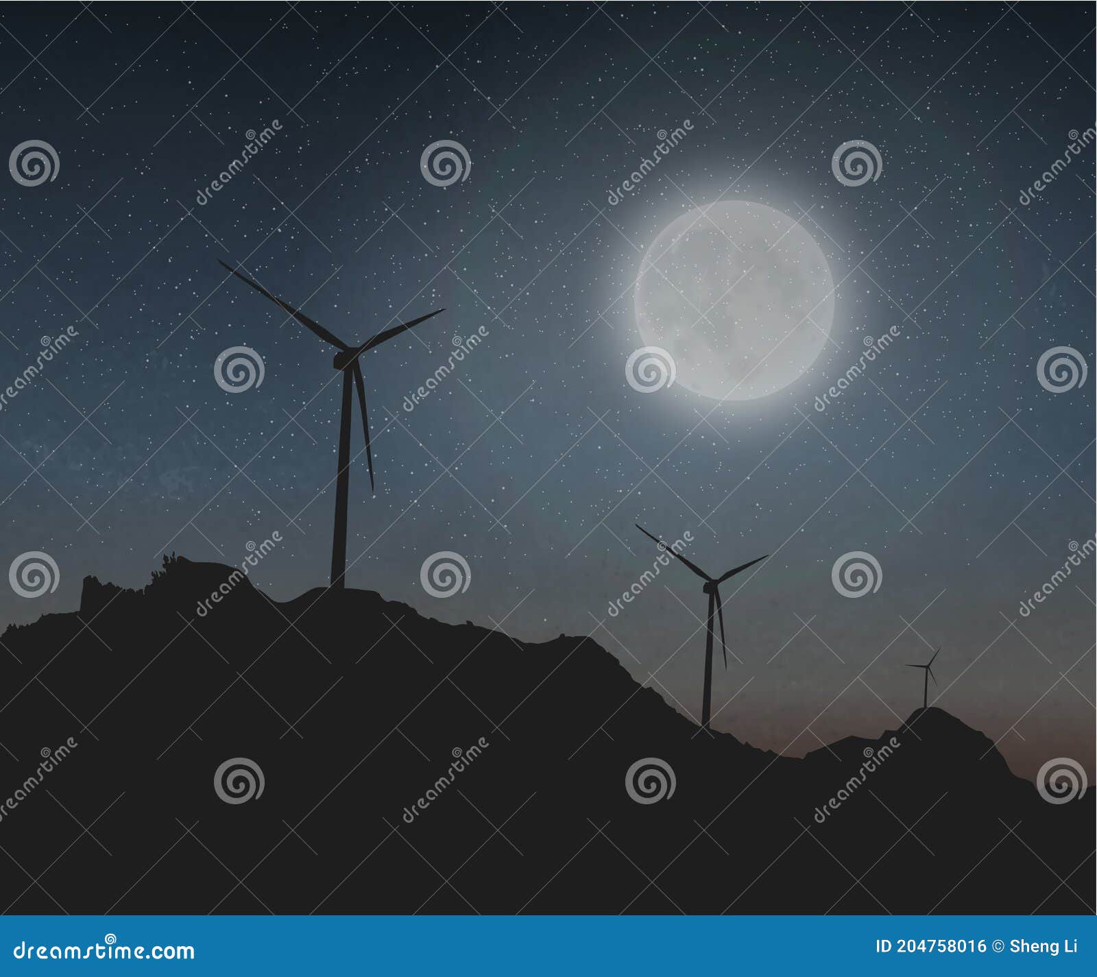 The Wind Driven Power Generators Under the Moonlight Stock Vector ...