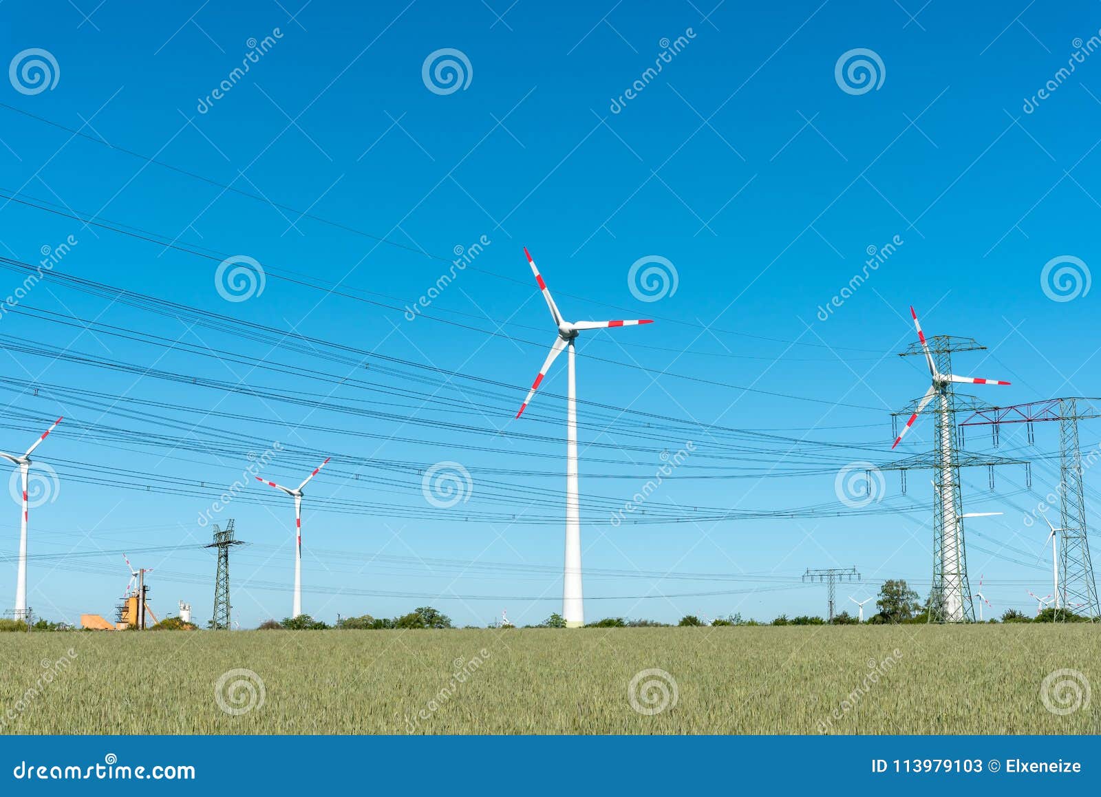 Wind Engines and Power Supply Lines on a Sunny Day Stock Image - Image ...