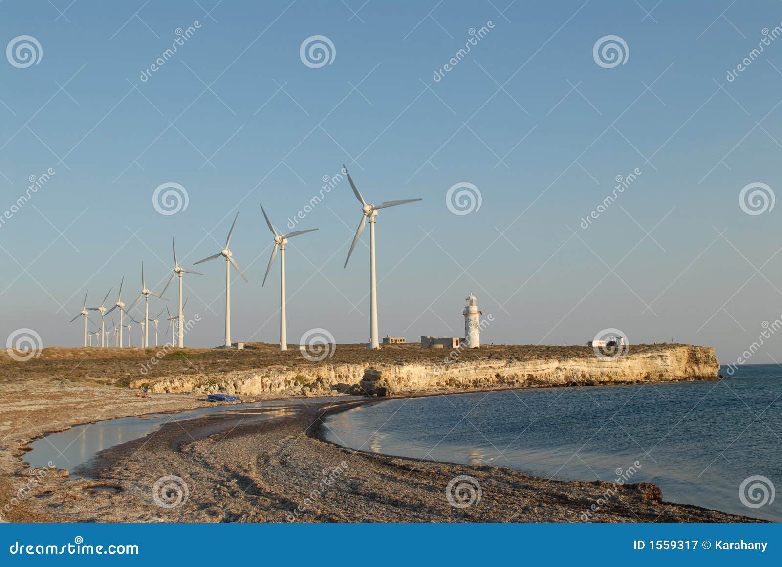 Wind farm, beacon and sea stock image. Image of beacon - 1559317